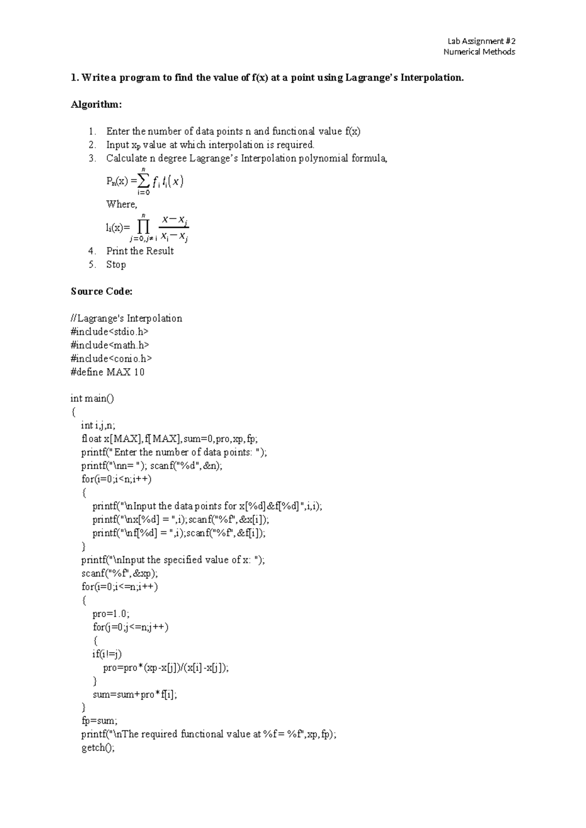 2 NM - Numerical Methods 1. Write a program to find the value of f(x) at a point using Lagrange ...