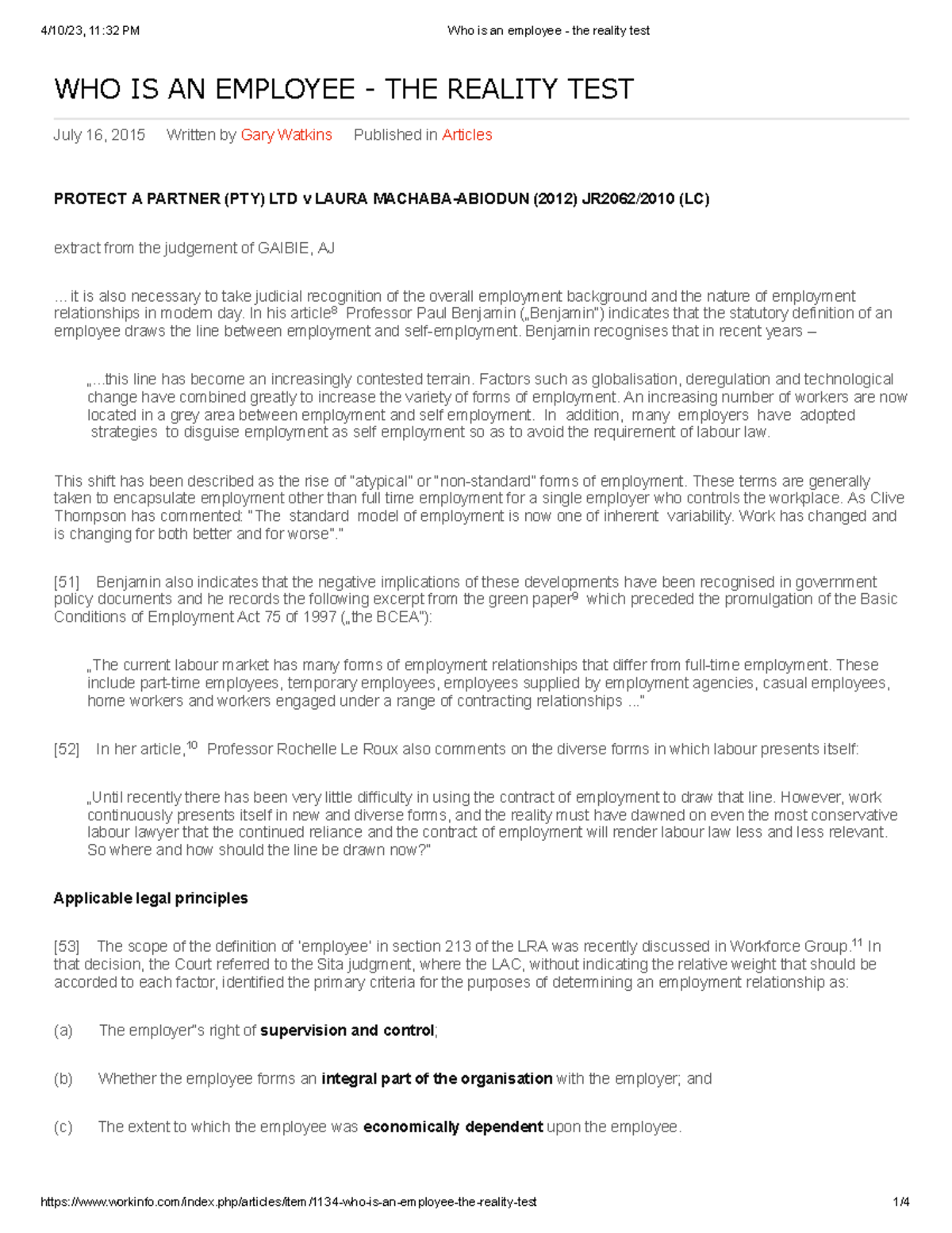 Who is an employee - the reality test - July 16, 2015 Written by Gary ...