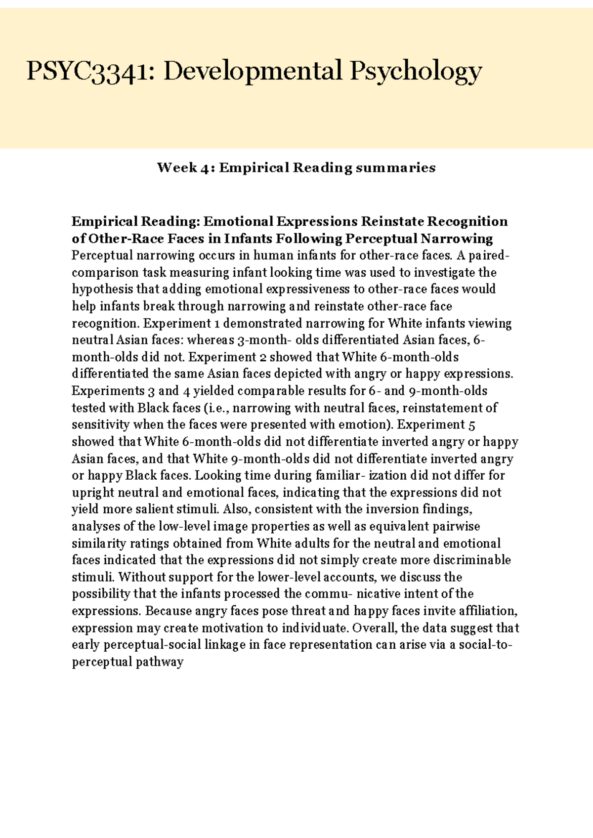 Emprical readings wk 4 - Summary Developmental Psychology - PSYC3341 ...