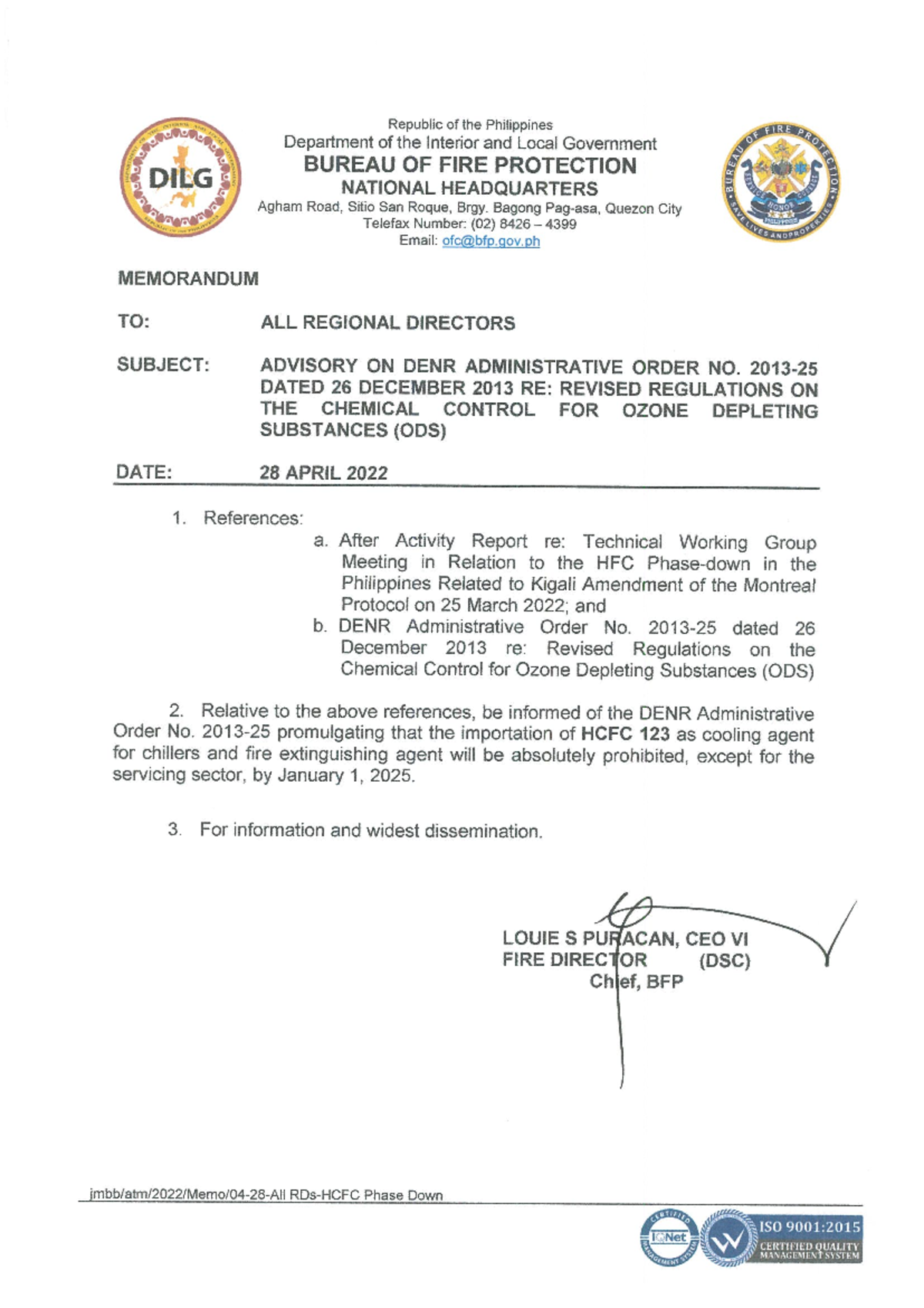 Advisory ON DENR Administrative Order NO. 2013-025 Dated 26 DEC 2013 ...
