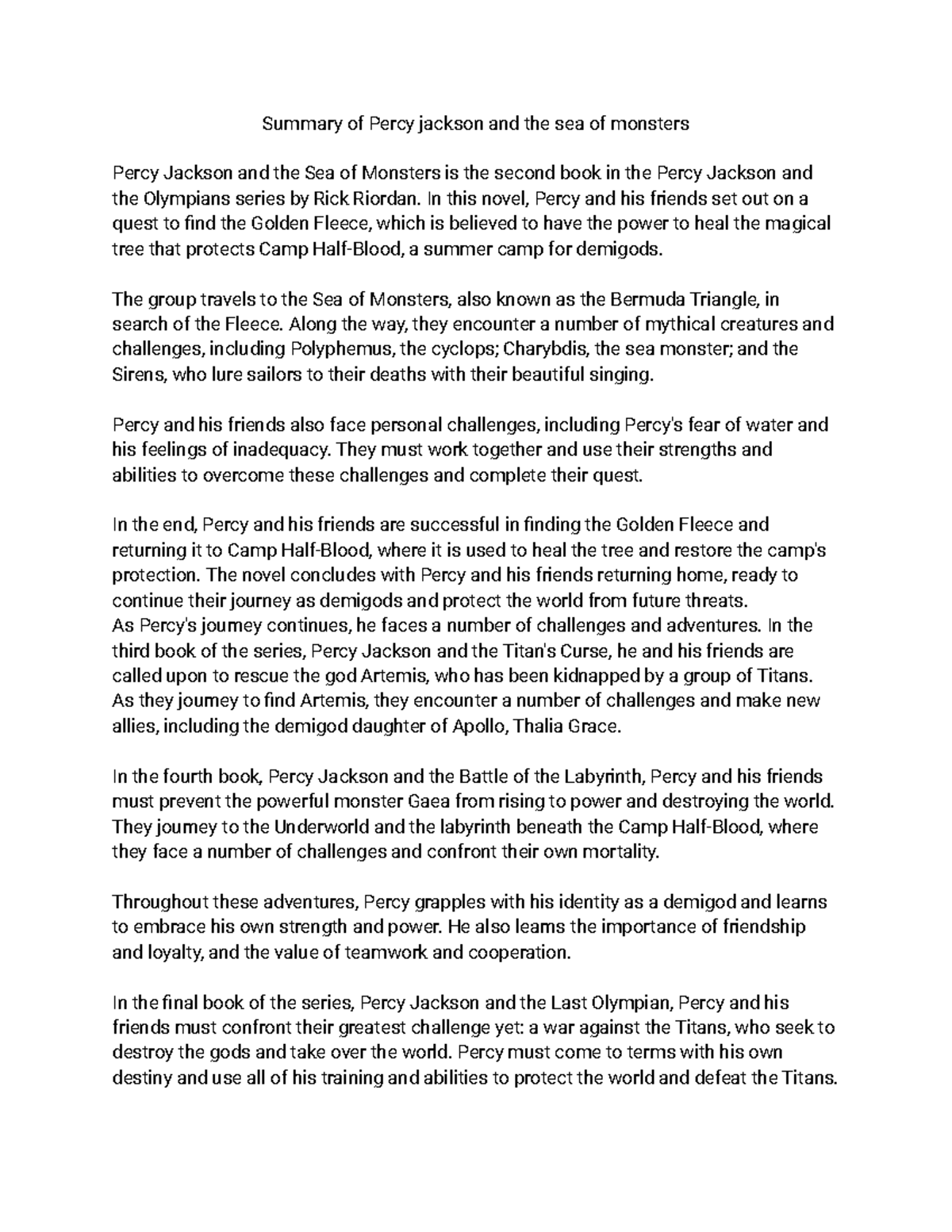 Summary of Percy jackson and the sea of monsters - In this novel, Percy ...