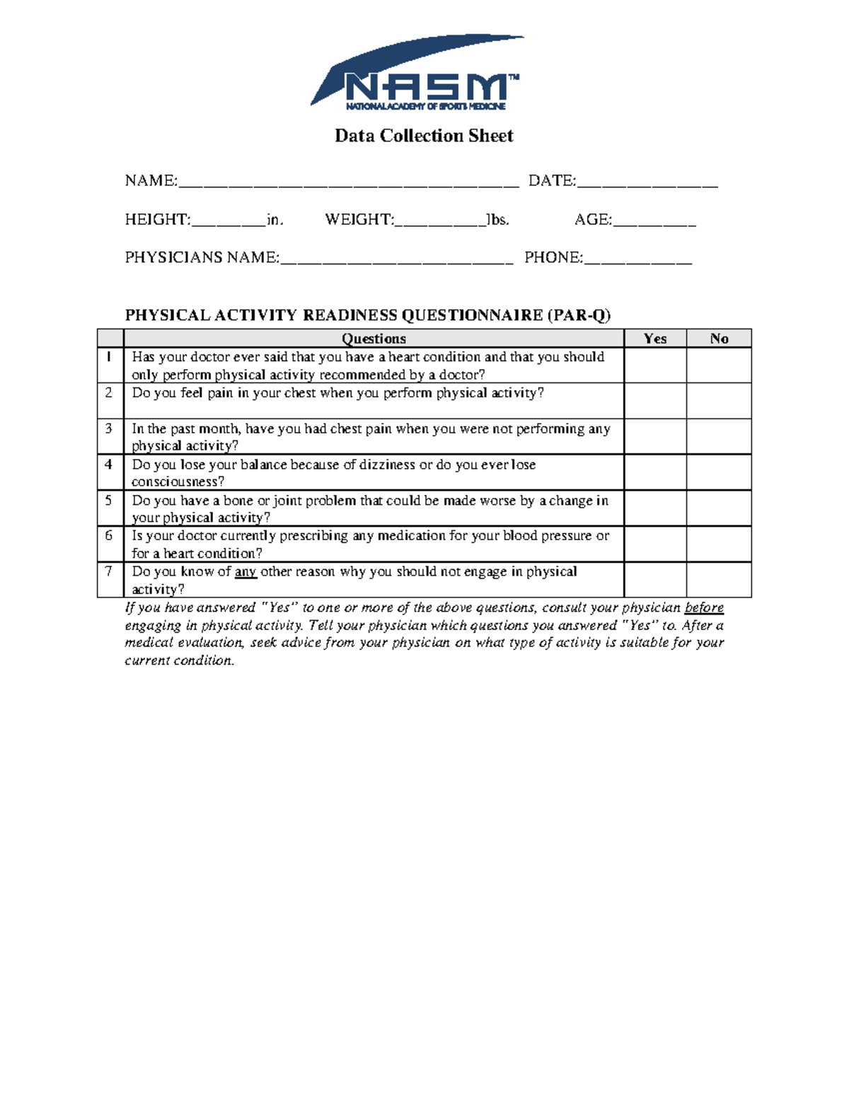 PAR Q form - pe ni sha - Data Collection Sheet NAME