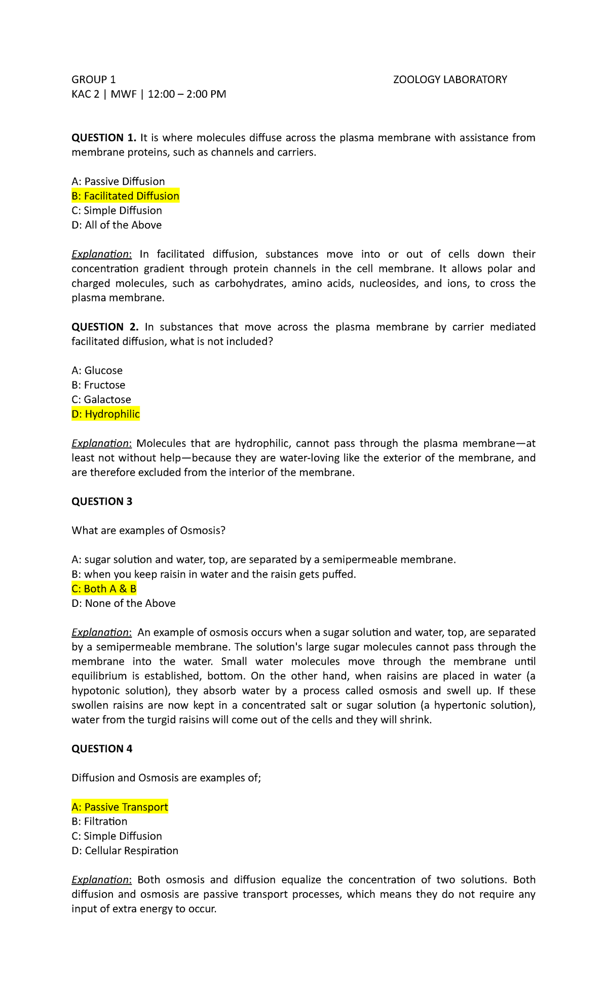 Answer KEY - ZOOLOGY REVIEW - GROUP 1 ZOOLOGY LABORATORY KAC 2 | MWF ...