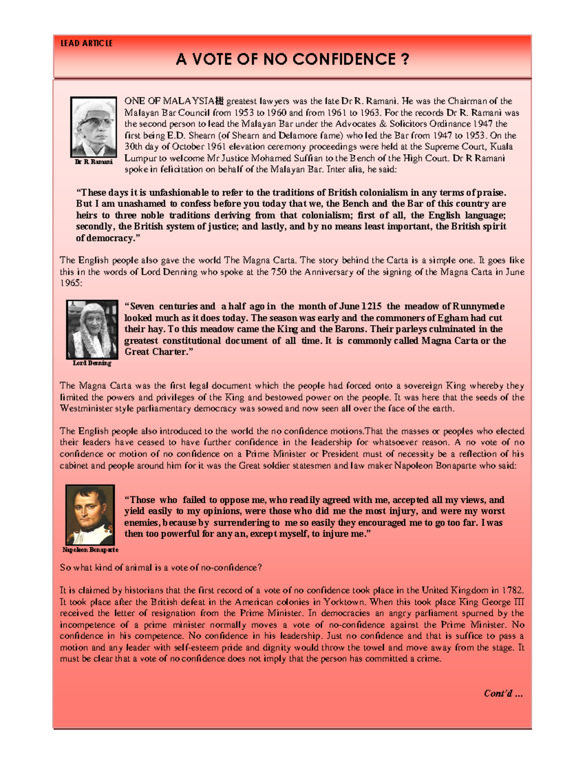 A vote of no confidence - LEAD ARTICLE A VOTE OF NO CONFIDENCE? ONE OF ...