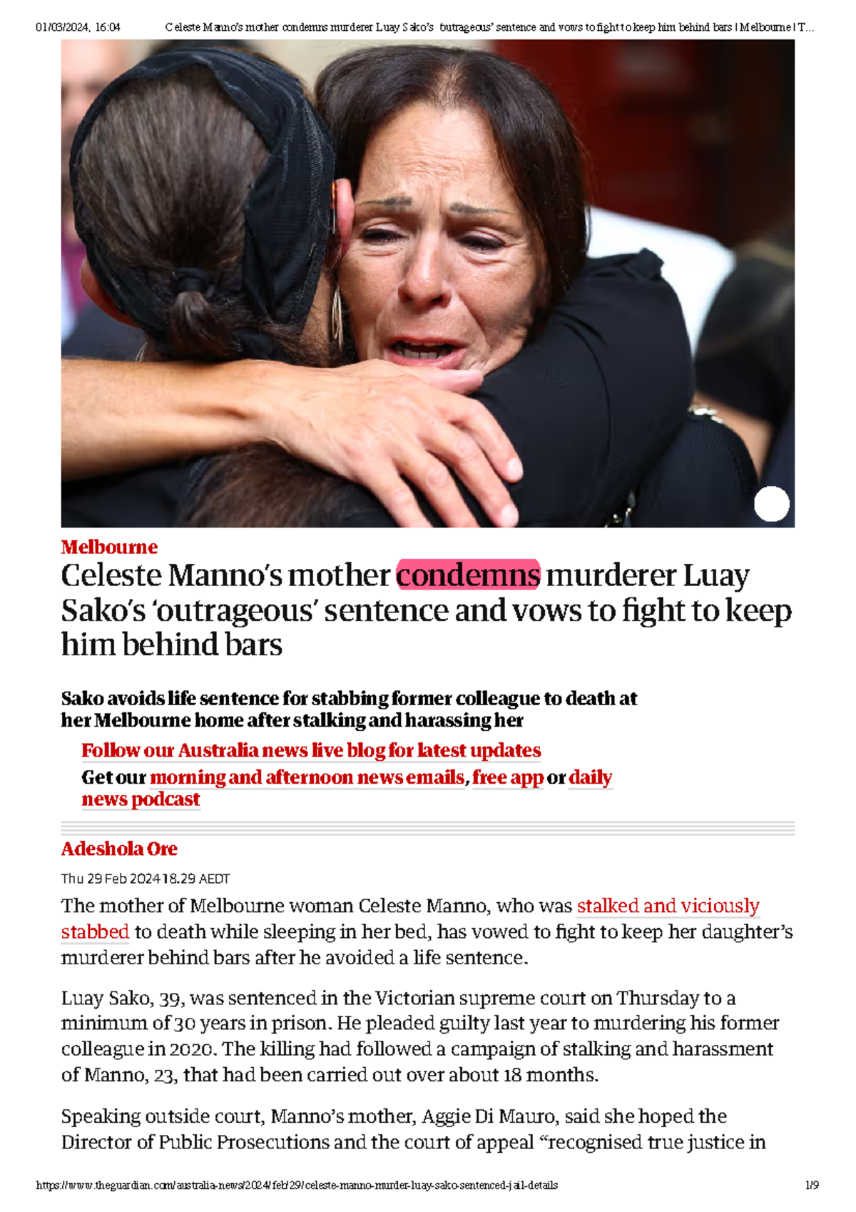 Celeste Manno’s mother condemns murderer Luay Sako’s ‘outrageous ...