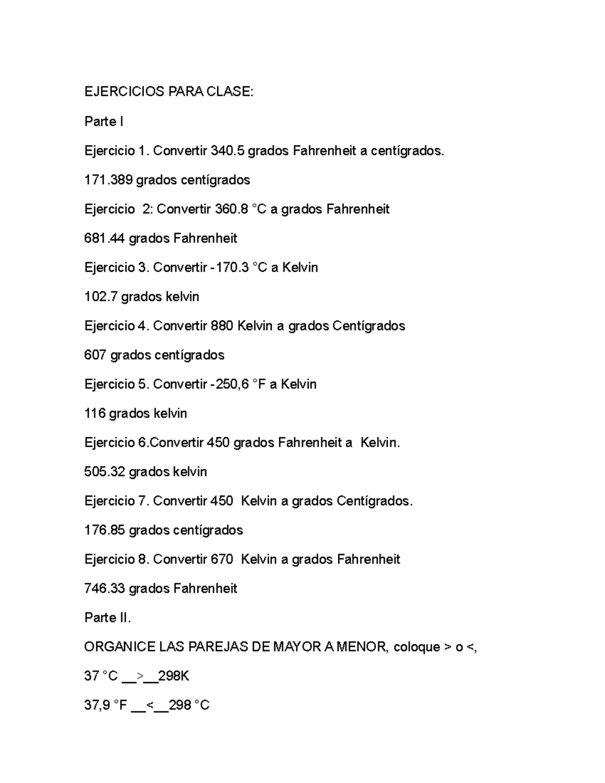 Ejercicios Resueltos De Temperatura EJERCICIOS PARA CLASE Parte I