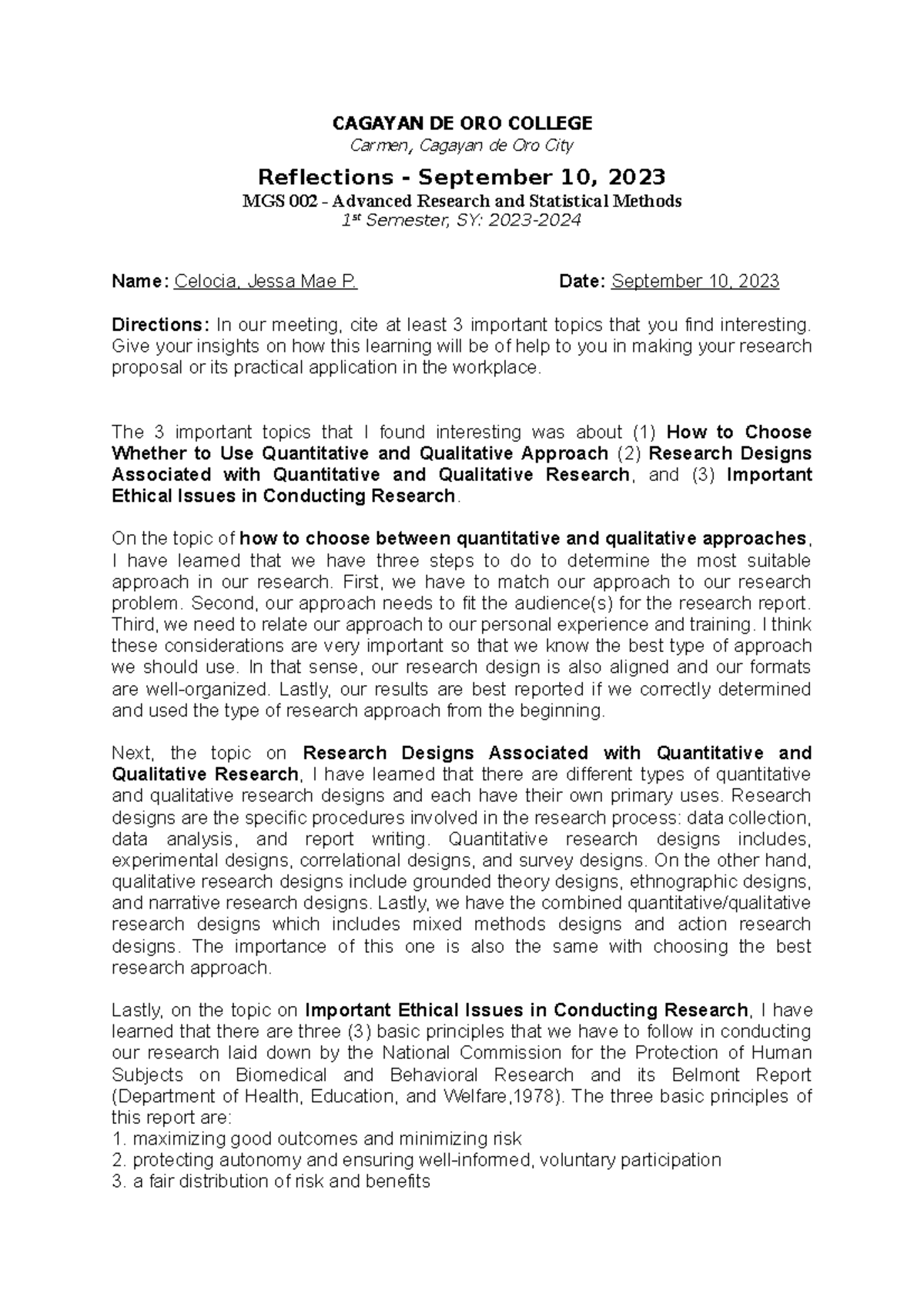Reflections - September 10, 2023 - CAGAYAN DE ORO COLLEGE Carmen, Cagayan de Oro City ...