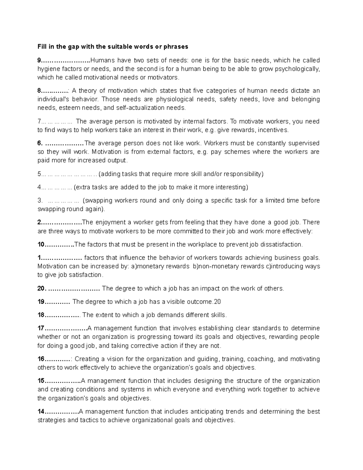 Vocab Review UNIT 1-10 - Fill in the gap with the suitable words or ...