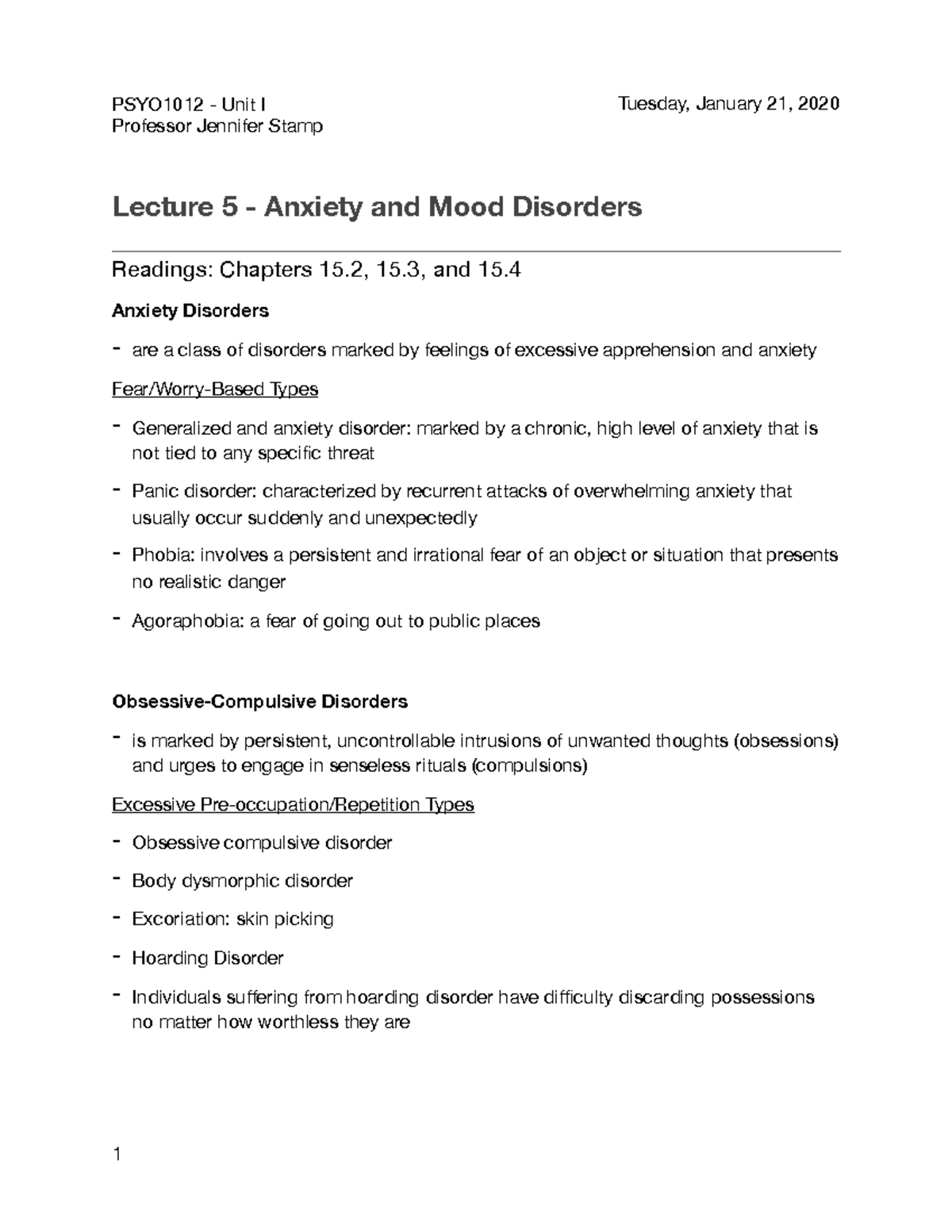 Lecture 5 - Anxiety and Mood Disorders - Professor Jennifer Stamp ...