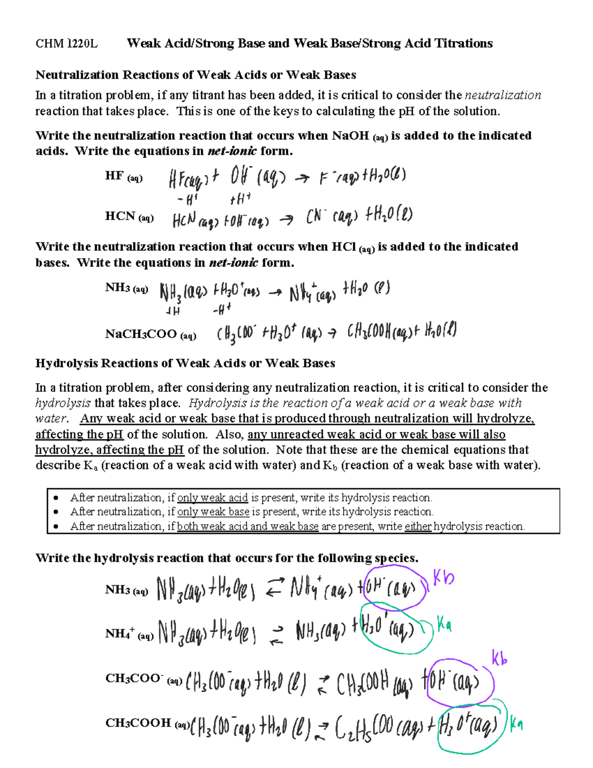 Weak Acid/Strong Base and Weak Base/Strong Acid Titrations - CHM 1220L ...