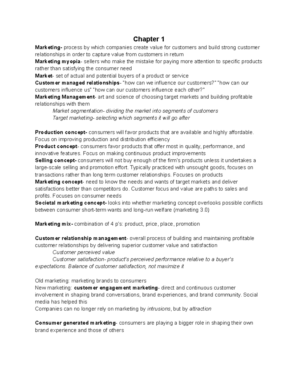 Exam 1 Book Notes - Chapter 1 Marketing- process by which companies ...