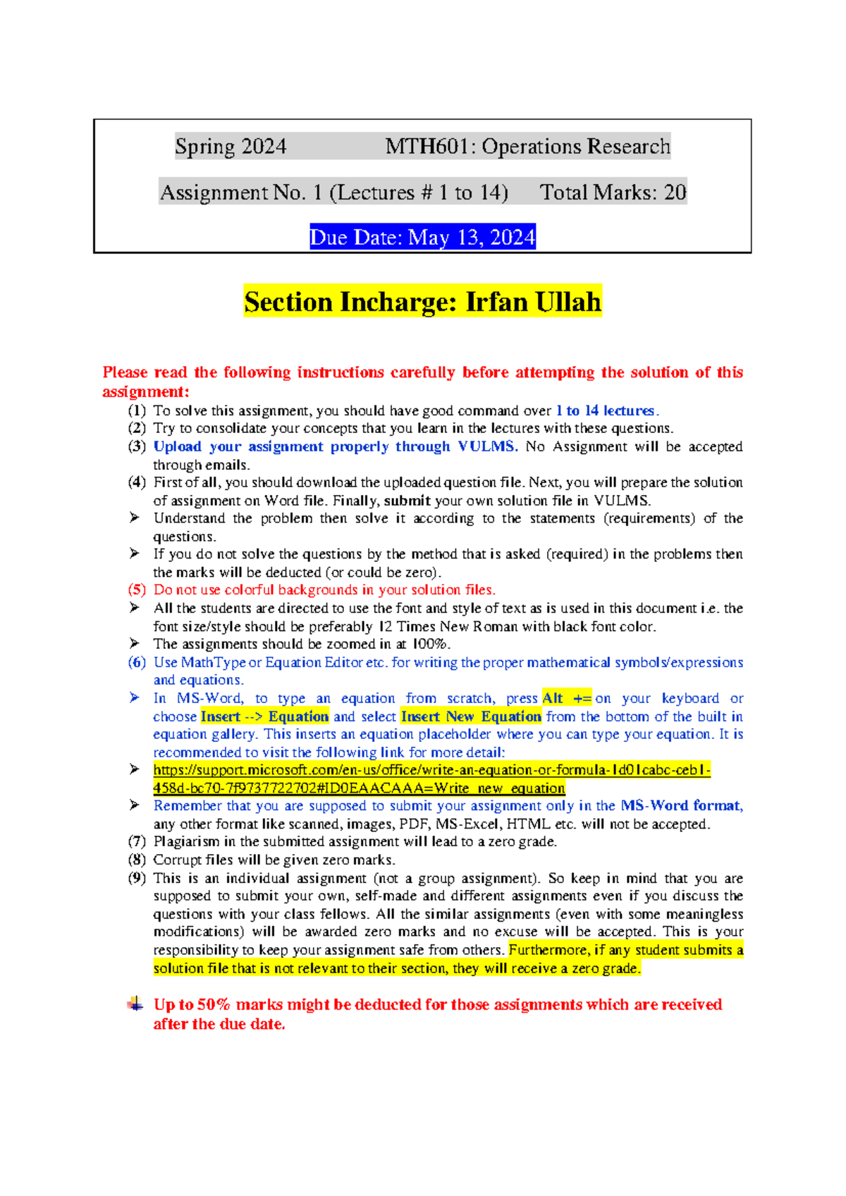 Assignment No.1 MTH601- S24-Section Incharge-Irfan Ullah - Spring 2024 MTH 6 01: Operations ...