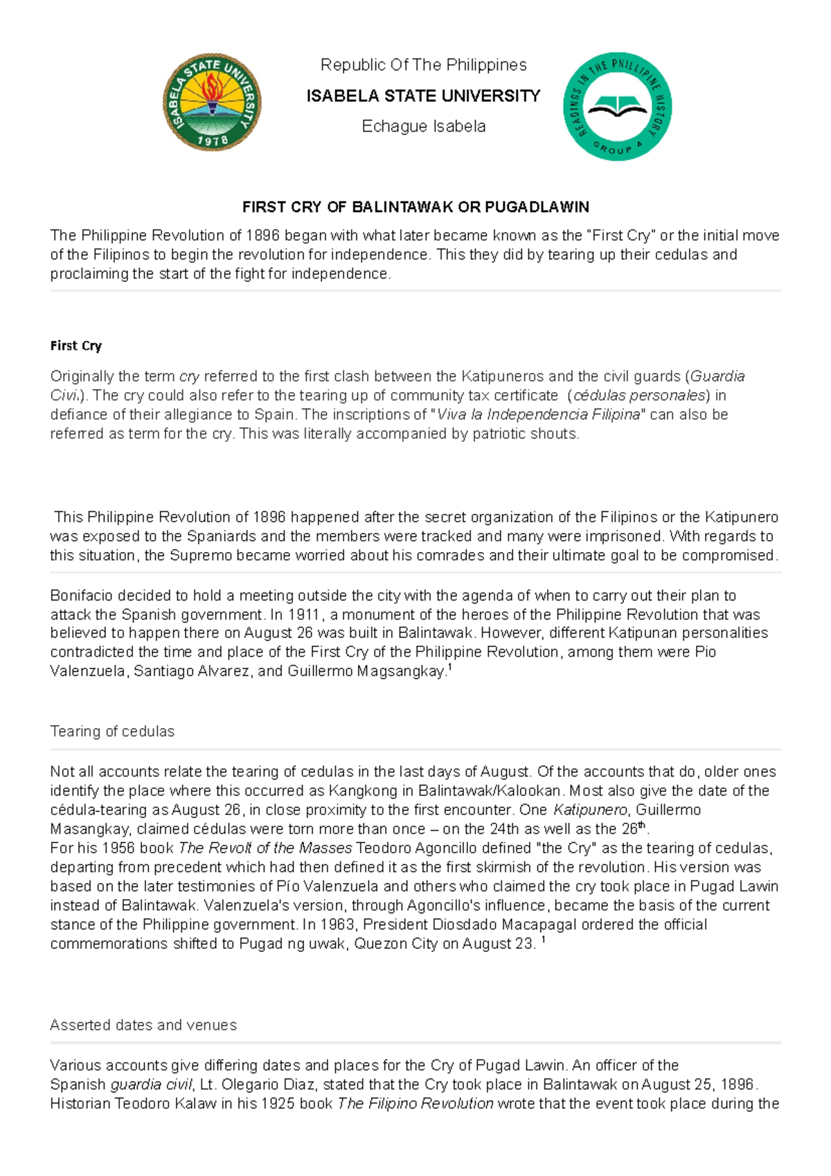 RPH report final( main) - FIRST CRY OF BALINTAWAK OR PUGADLAWIN The ...