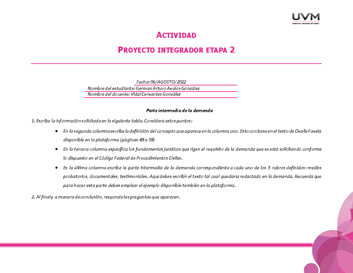 A6 GAAG 110190914 PIE 2 - PROYECTO INTEGRADOR ETAPA 2 UNIVERSIDAD DEL VALLE DE MEXICO ...