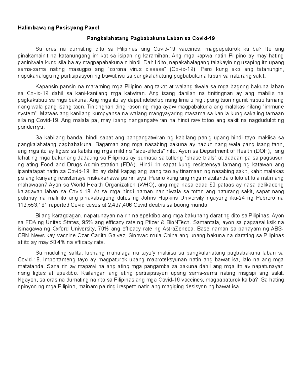 Halimbawa ng Posisyong Papel - Halimbawa ng Posisyong Papel ...