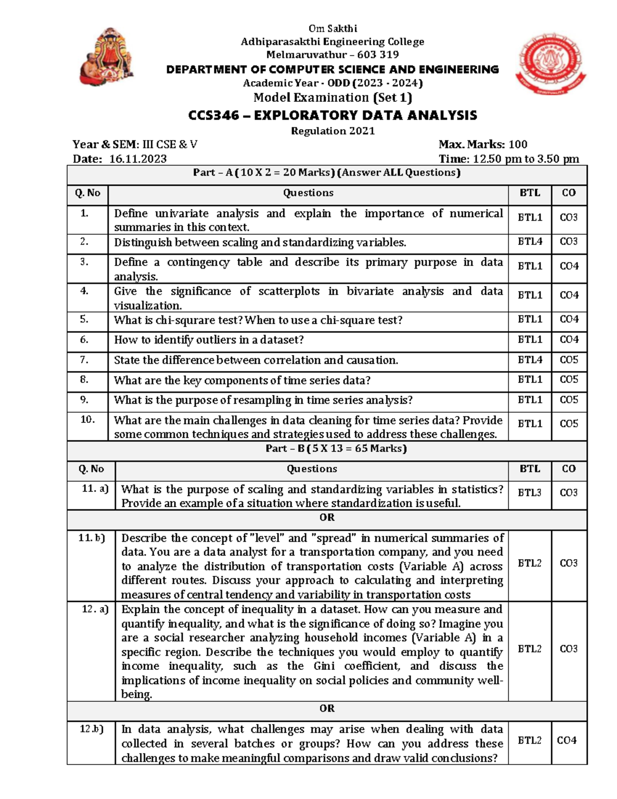 CCS346 EDA Model QP - Om Sakthi Adhiparasakthi Engineering College Melmaruvathur – 603 319 - Studocu