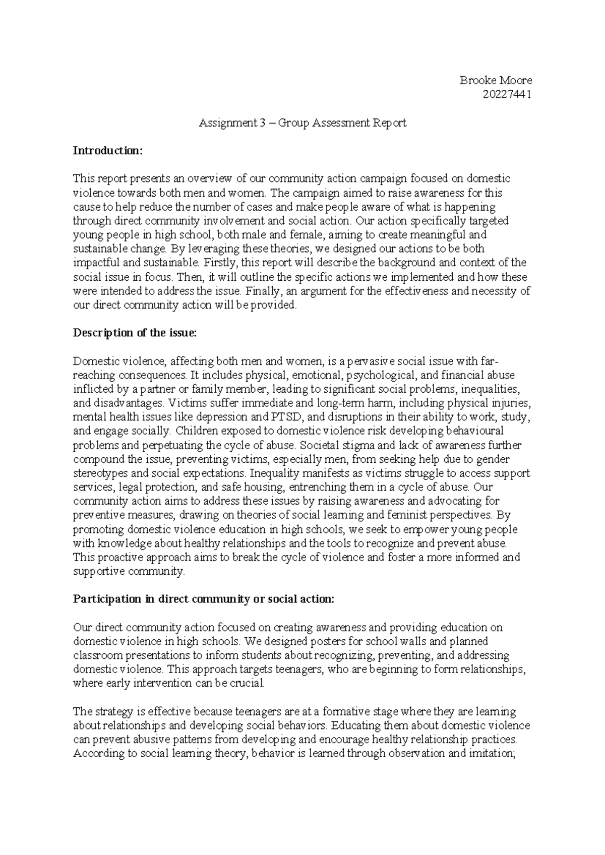 Assessment - group project report - Brooke Moore 20227441 Assignment 3 – Group Assessment Report ...