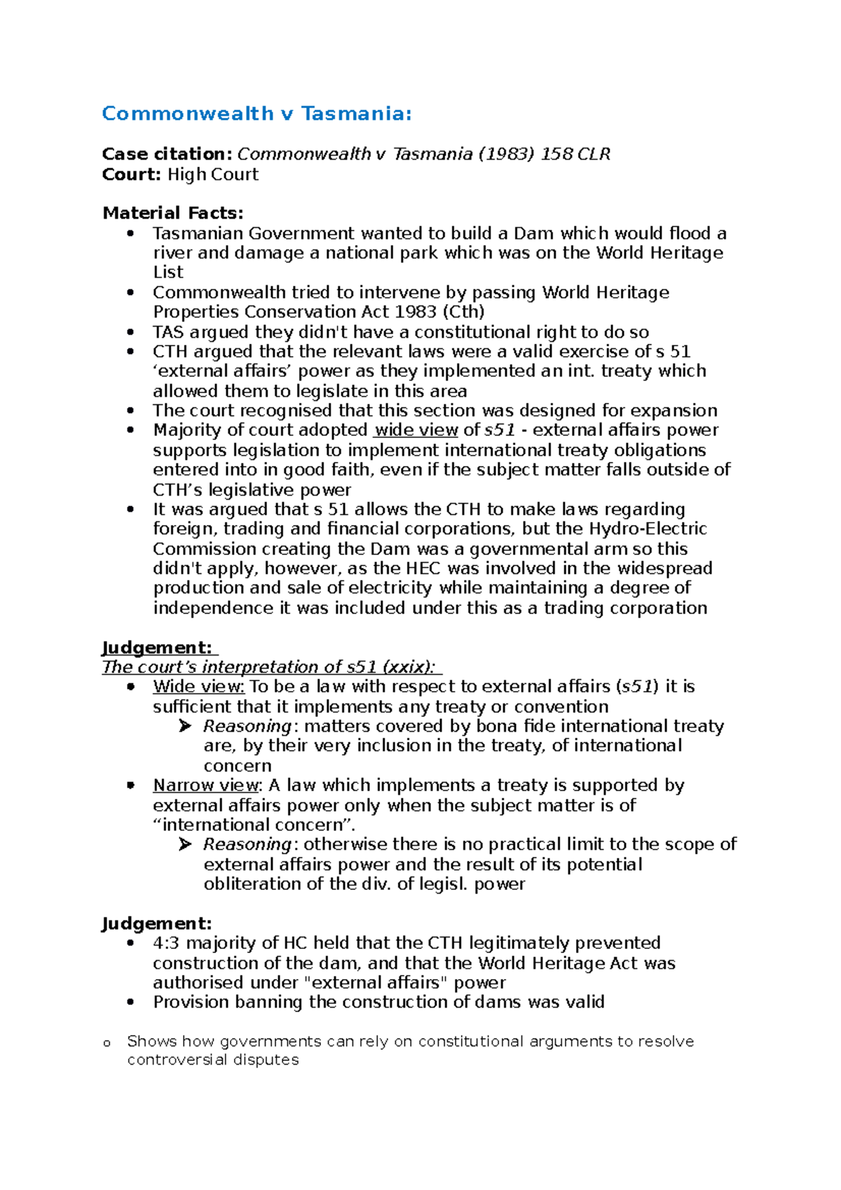 Commonwealth v Tasmania Case Summary - Commonwealth v Tasmania: Case ...