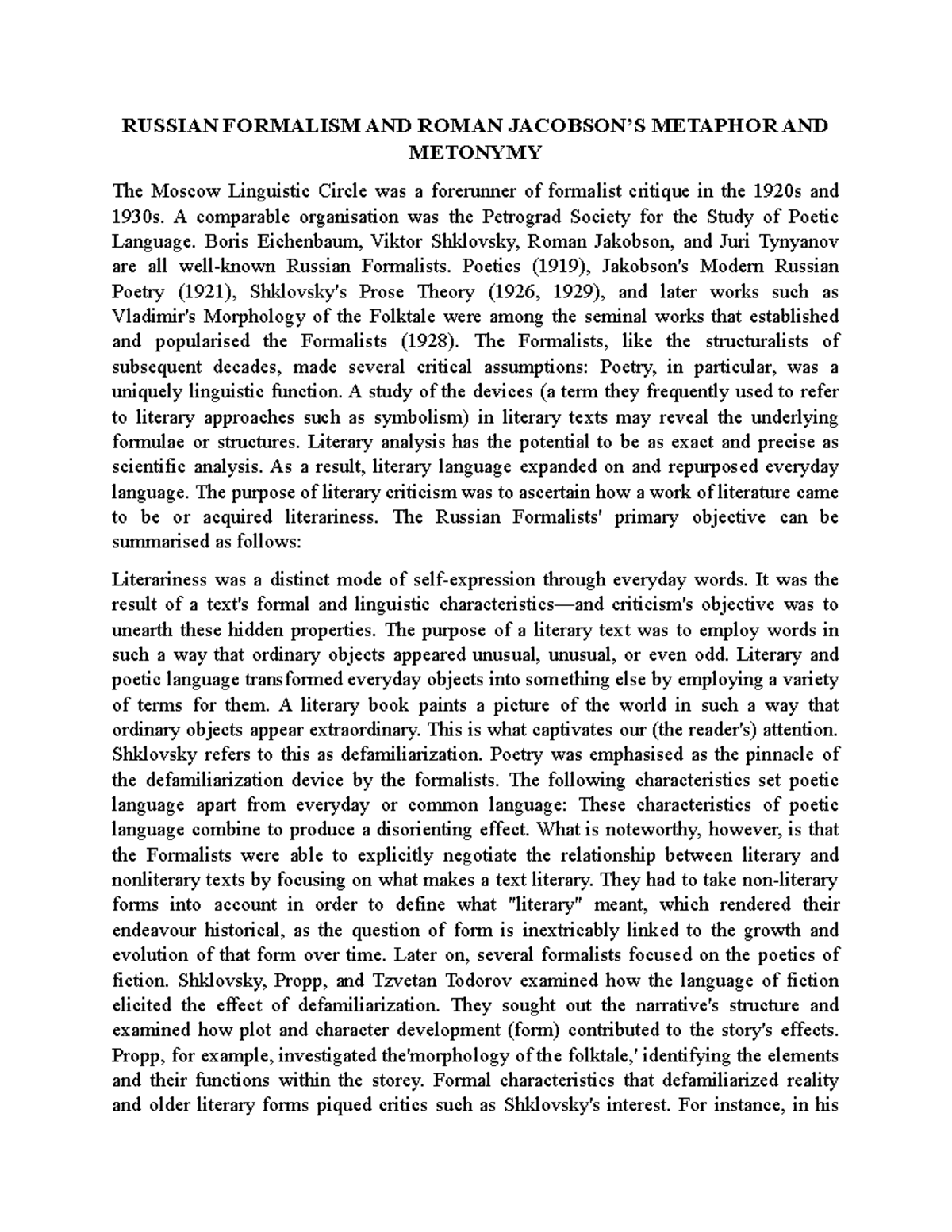 Russian Formalism AND Roman Jacobson - RUSSIAN FORMALISM AND ROMAN ...
