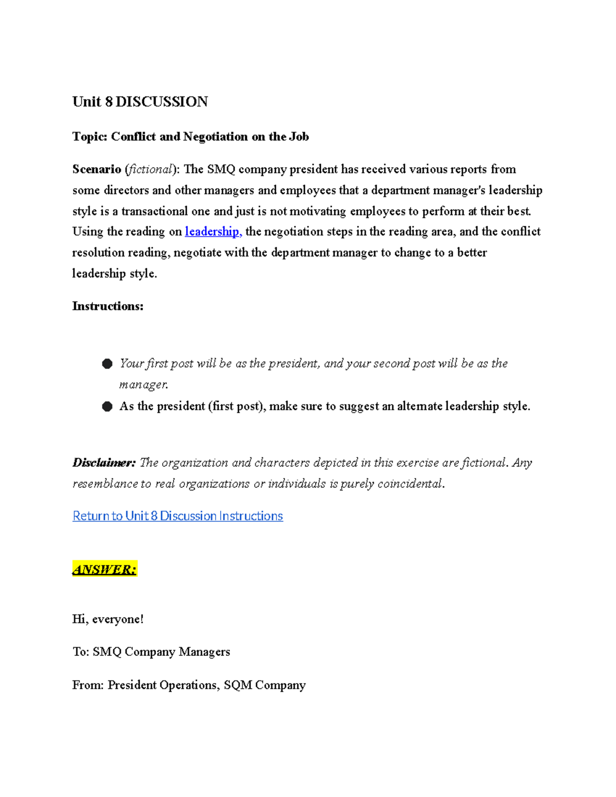 MT302 UNIT 8 Discussion - Unit 8 DISCUSSION Topic: Conflict and ...