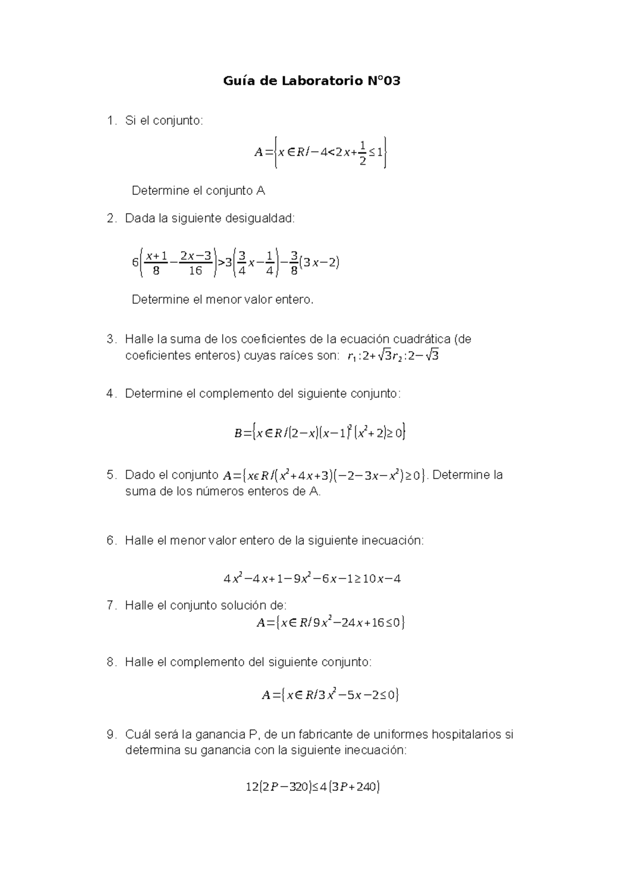 GUIA Laboratorio N°03 - sinoya - Guía de Laboratorio N° Si el conjunto: A= {x ∈ R/− 4