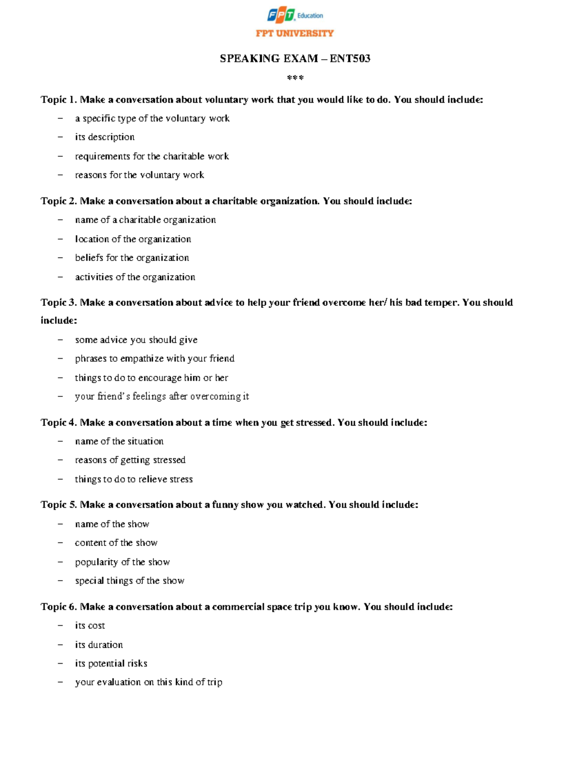 ENT503 SP24 H1 FE Speaking Topics SV - SPEAKING EXAM – ENT 503 ...