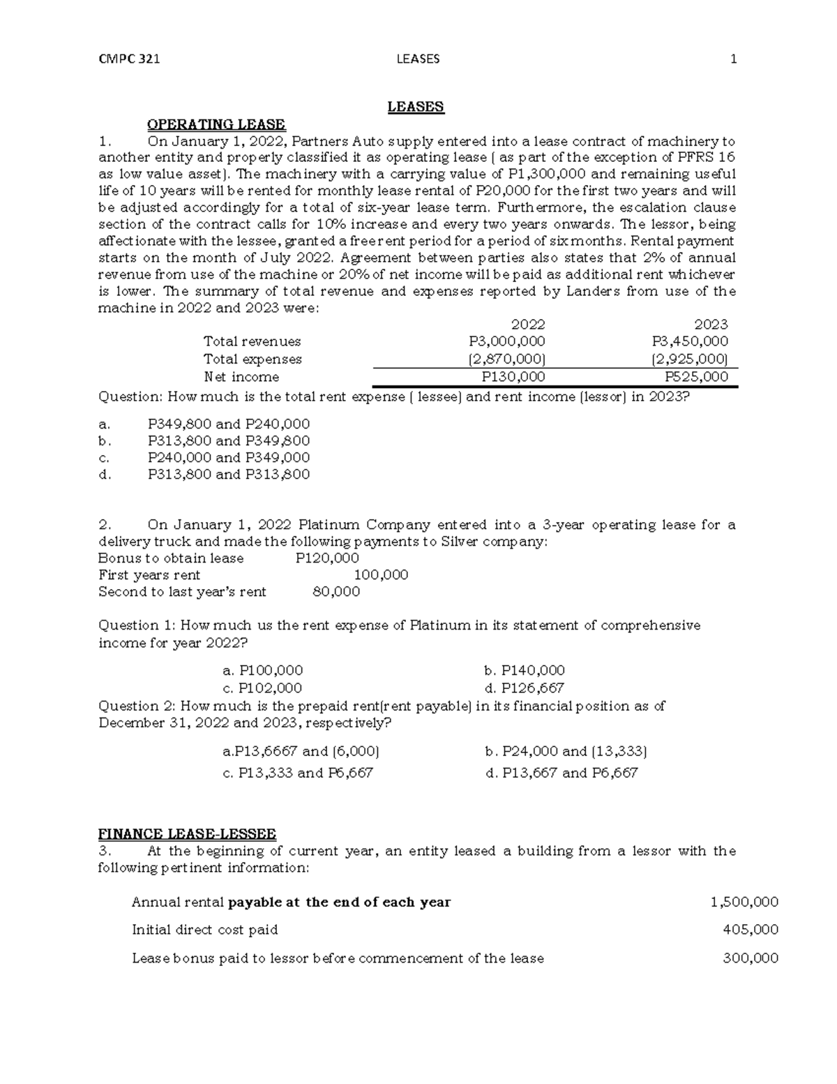 Leases - Practice problem - LEASES OPERATING LEASE 1. On January 1 ...