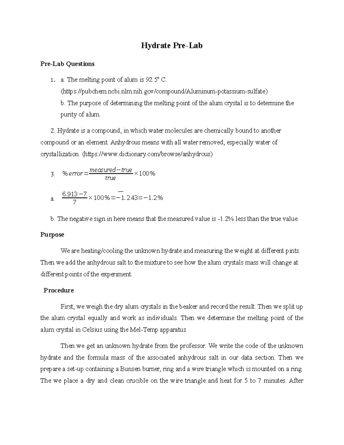 Chem-Pre Lab 3-Hydrate - Hydrate Pre-Lab Pre-Lab Questions a. The ...