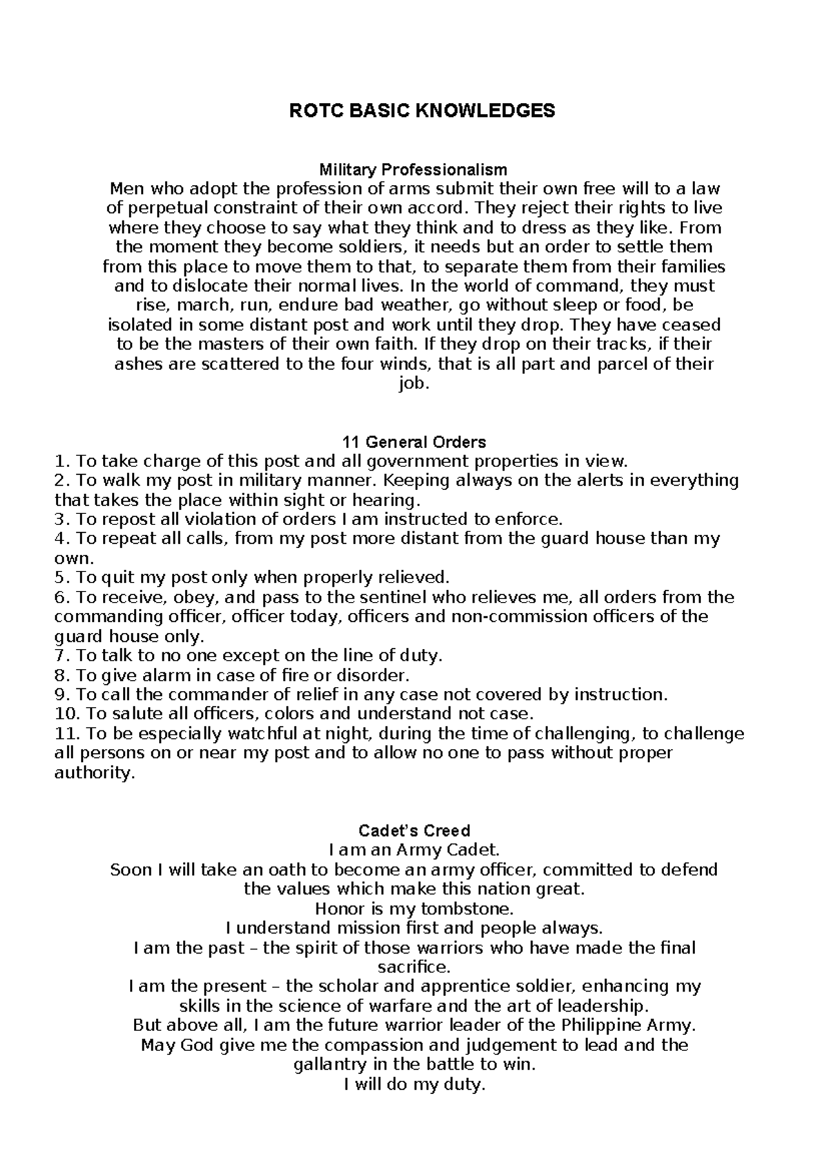 ROTC- Basic- Knowledges..-1 - ROTC BASIC KNOWLEDGES Military Professionalism Men who adopt the ...