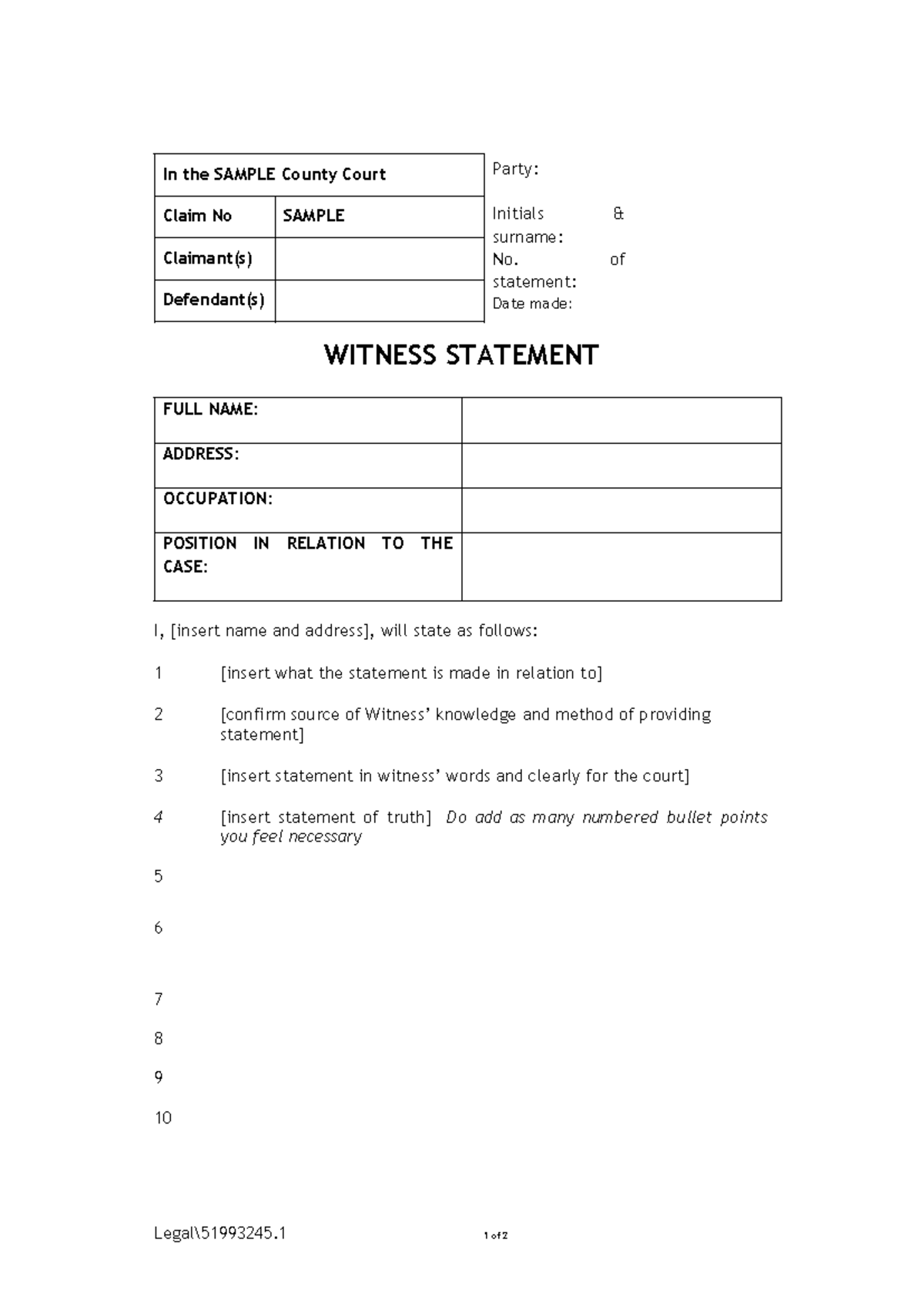 Task 1 - Template - Witness Statement - In the SAMPLE County Court ...