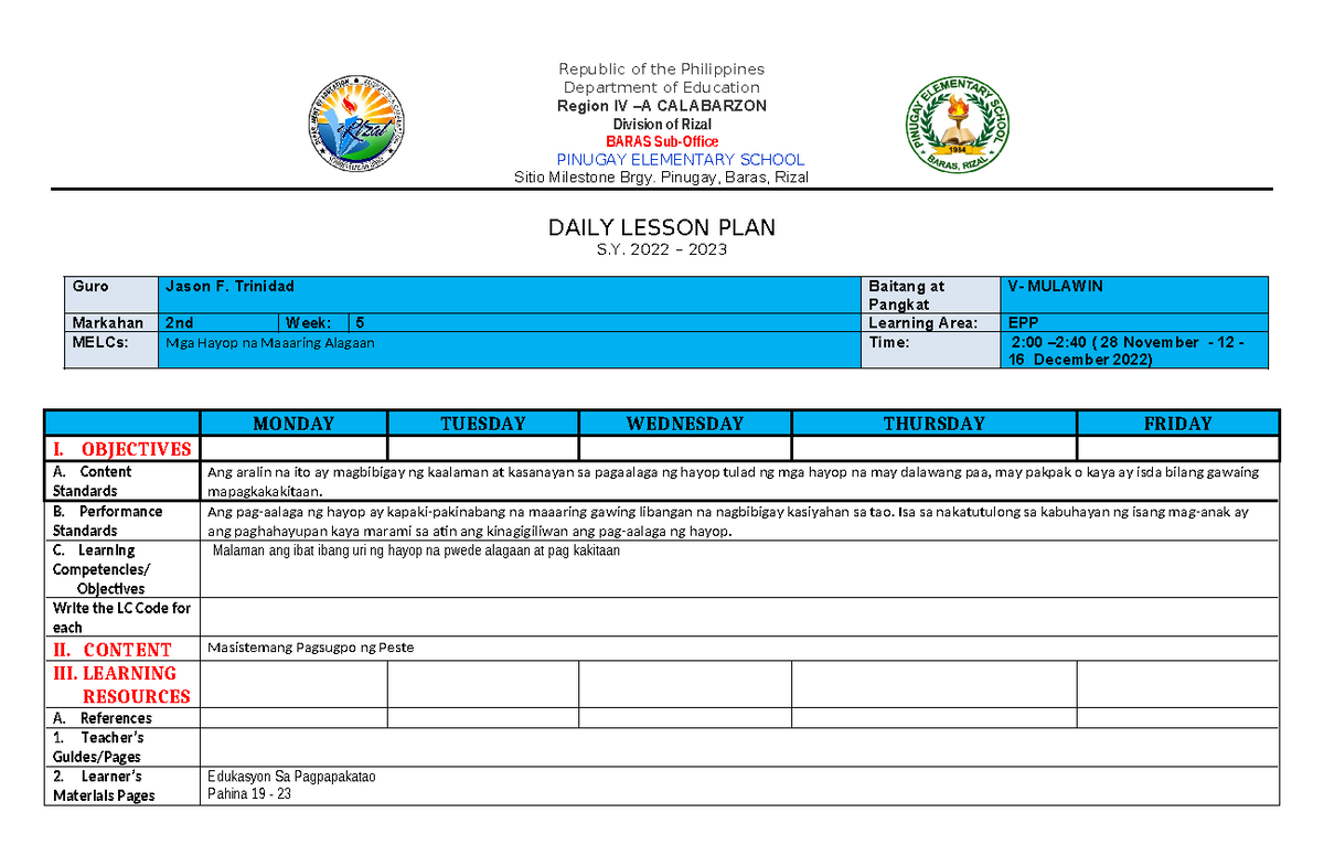 Grade 5 - Epp - week 5 - DGhaerhye - Republic of the Philippines ...
