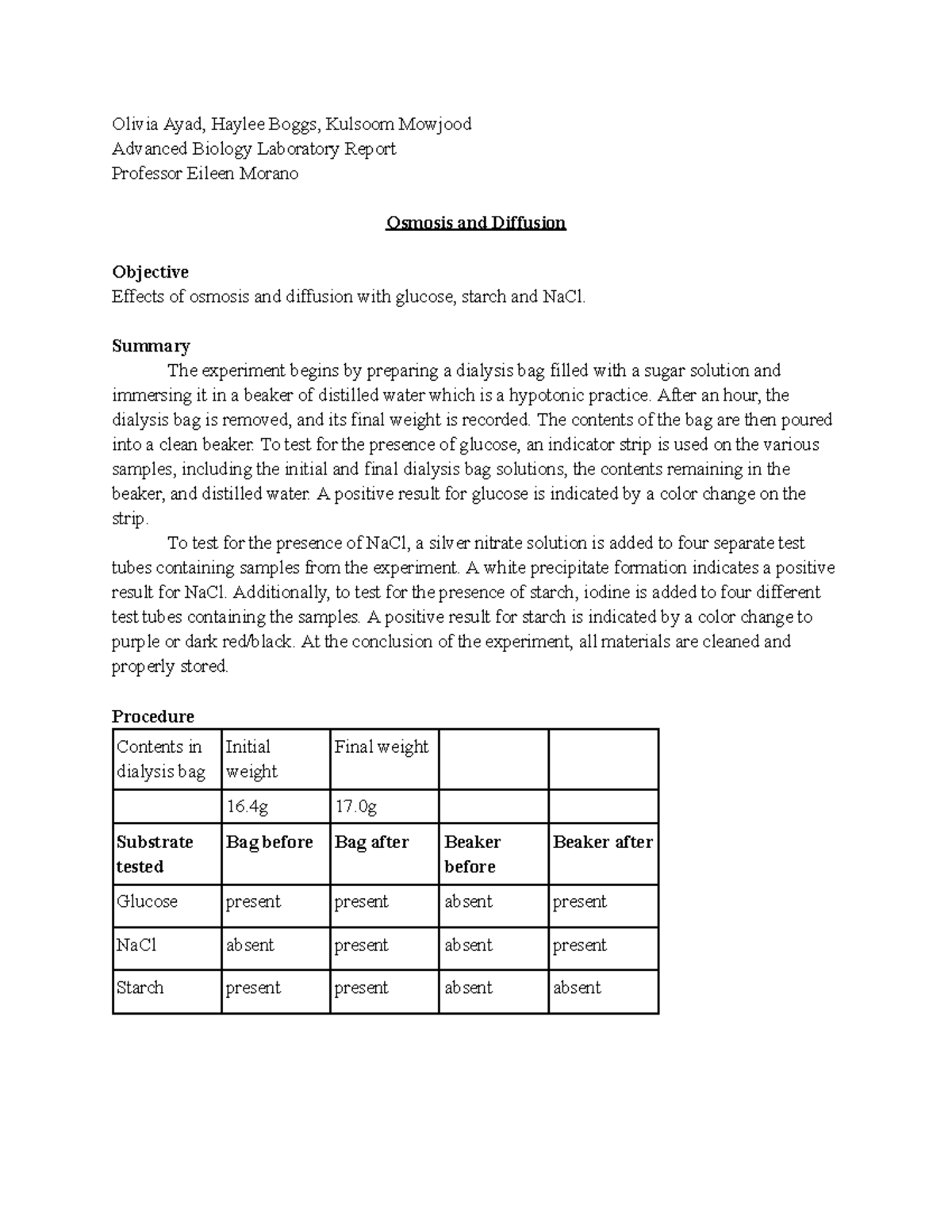 Bio lab Osmosis and Diffusion - Olivia Ayad, Haylee Boggs, Kulsoom ...