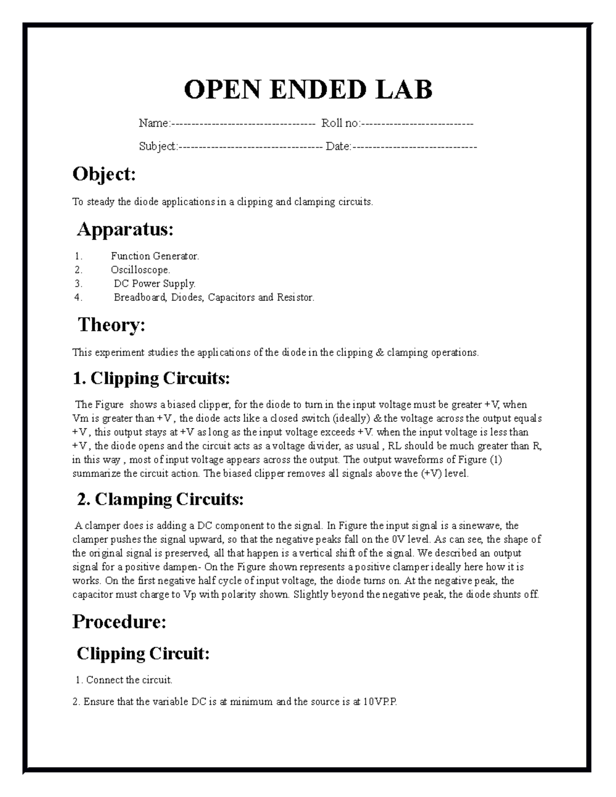 OPEN Ended LAB - ,,,, - OPEN ENDED LAB Name:- Roll no:- Subject:- Date:- Object: To steady the ...