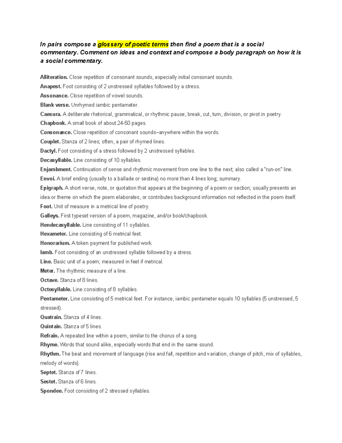 Glossary poetic terms - In pairs compose a glossary of poetic terms ...