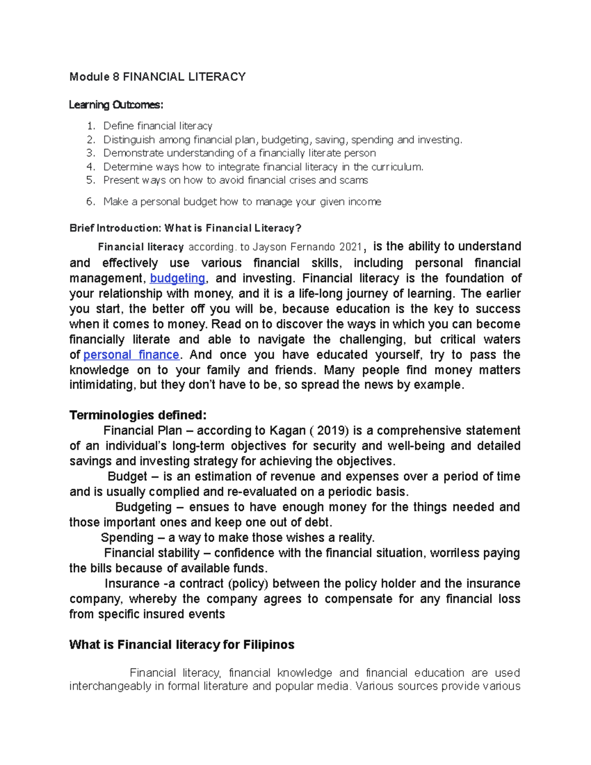 Module 8 Financial Literacy - Module 8 FINANCIAL LITERACY Learning ...