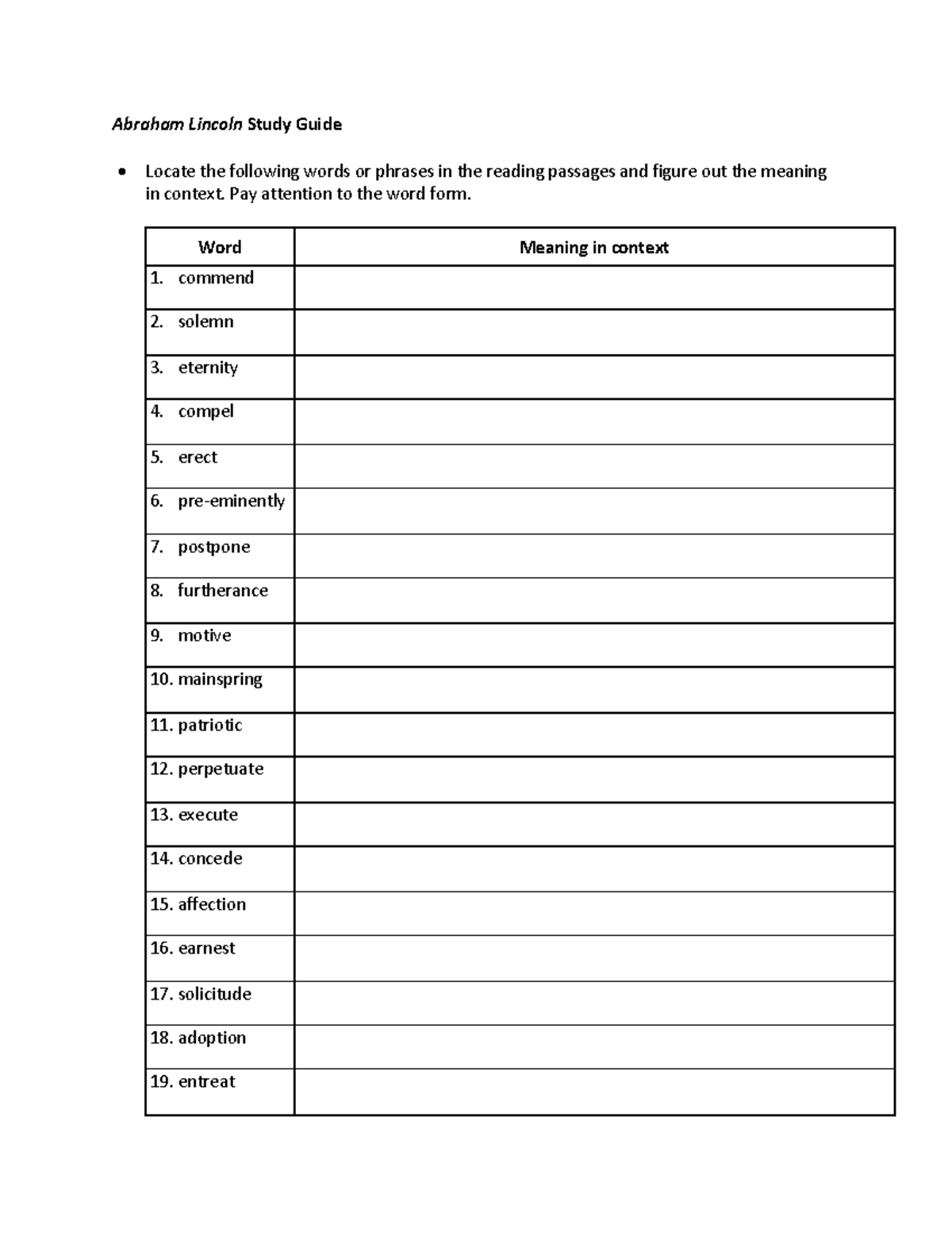 Study Guide of Abraham Lincoln - Abraham Lincoln Study Guide - Locate ...