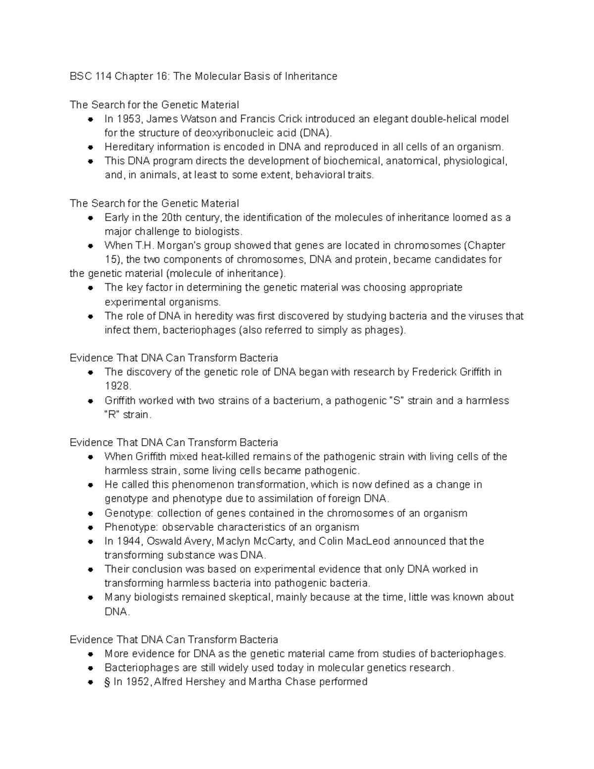 BSC 114 Chapter 16 The Molecular Basis of Inheritance - BSC 114 Chapter 16: The Molecular Basis ...