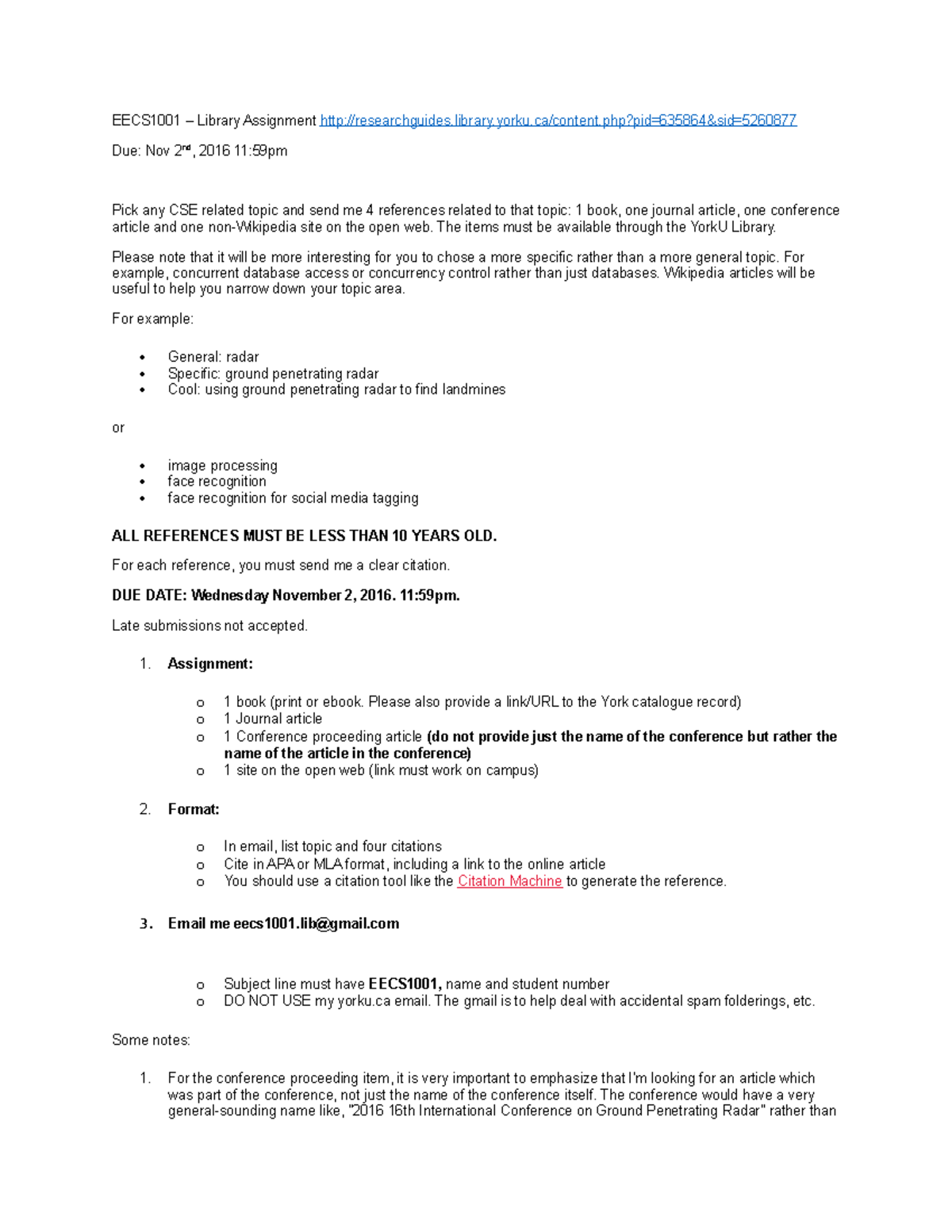 EECS1001 - Library Assignment - library.yorku/content.php?pid=635864 ...