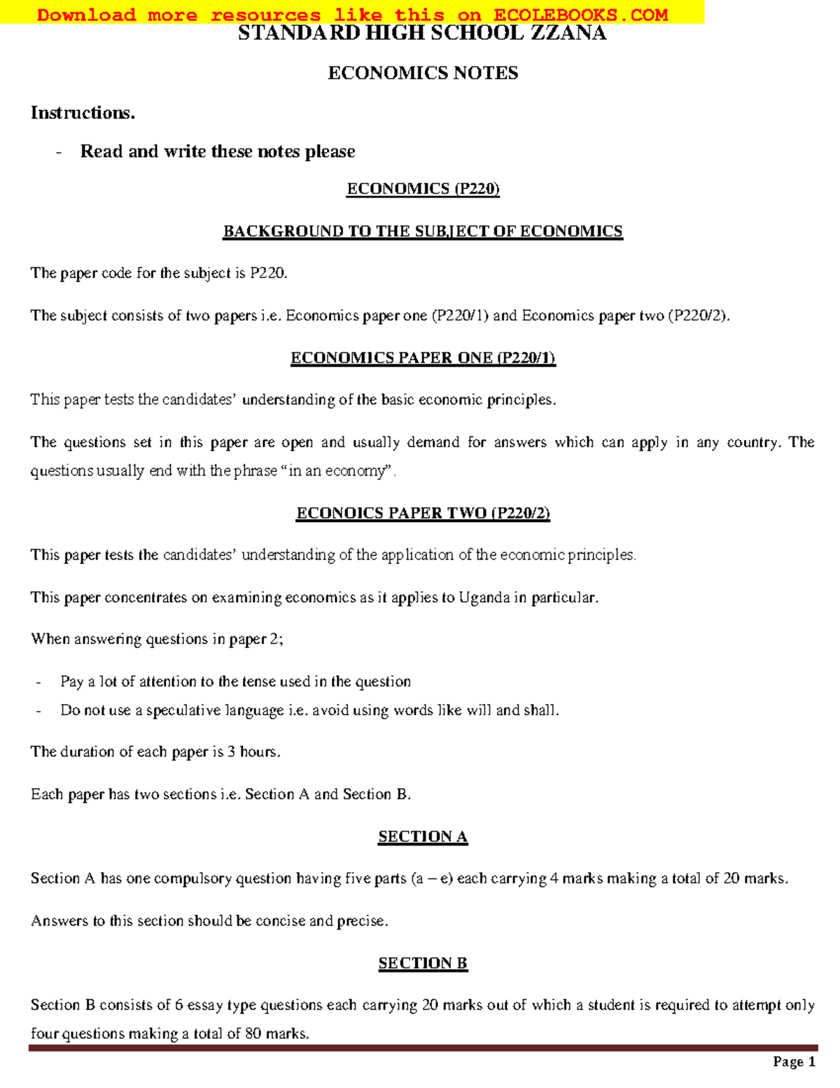 S.5 Economics Introduction TO Economics Notes Revision PAST Papers ...