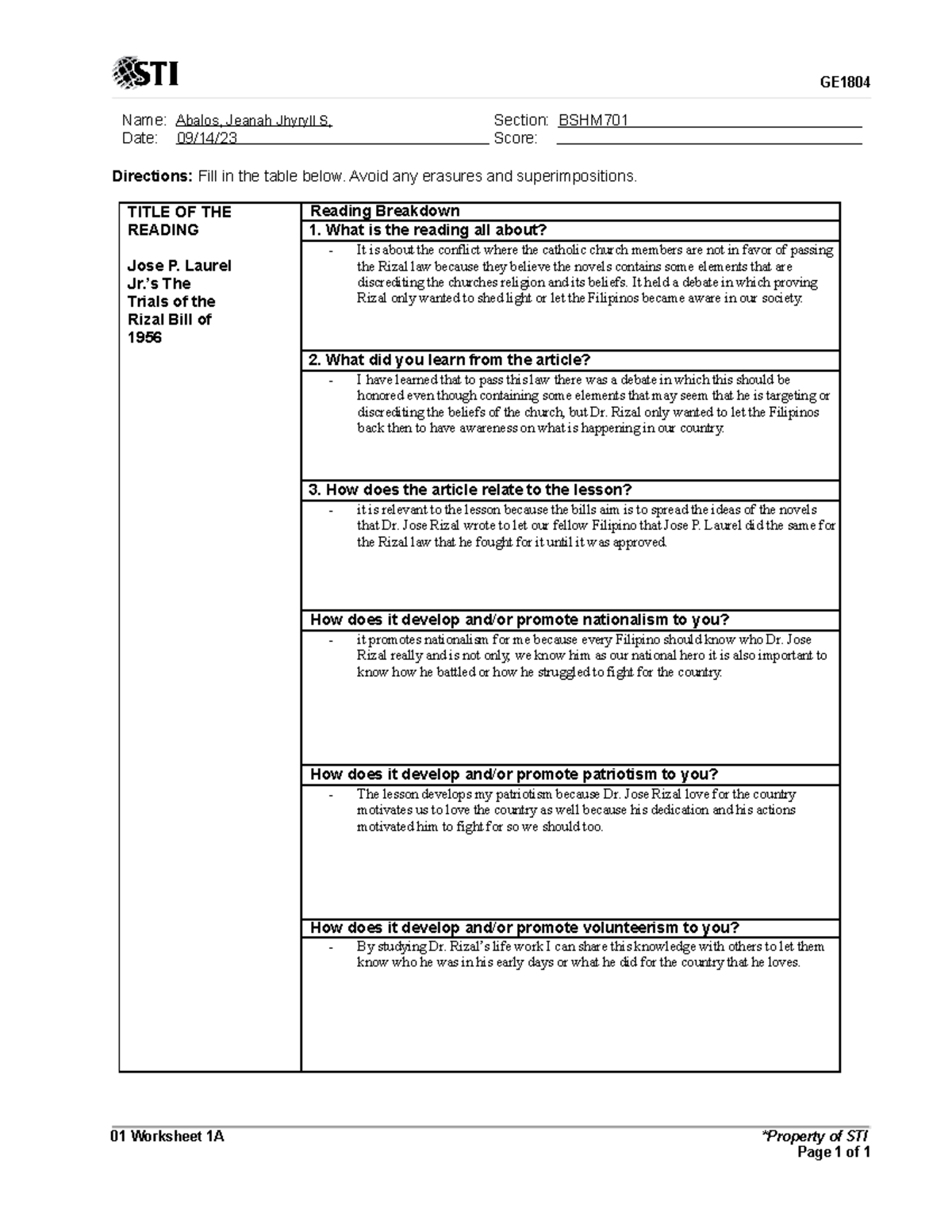 Abalos 01 Worksheet 1A - RIZAL'S LIFE AND WORK - GE Name: Abalos ...