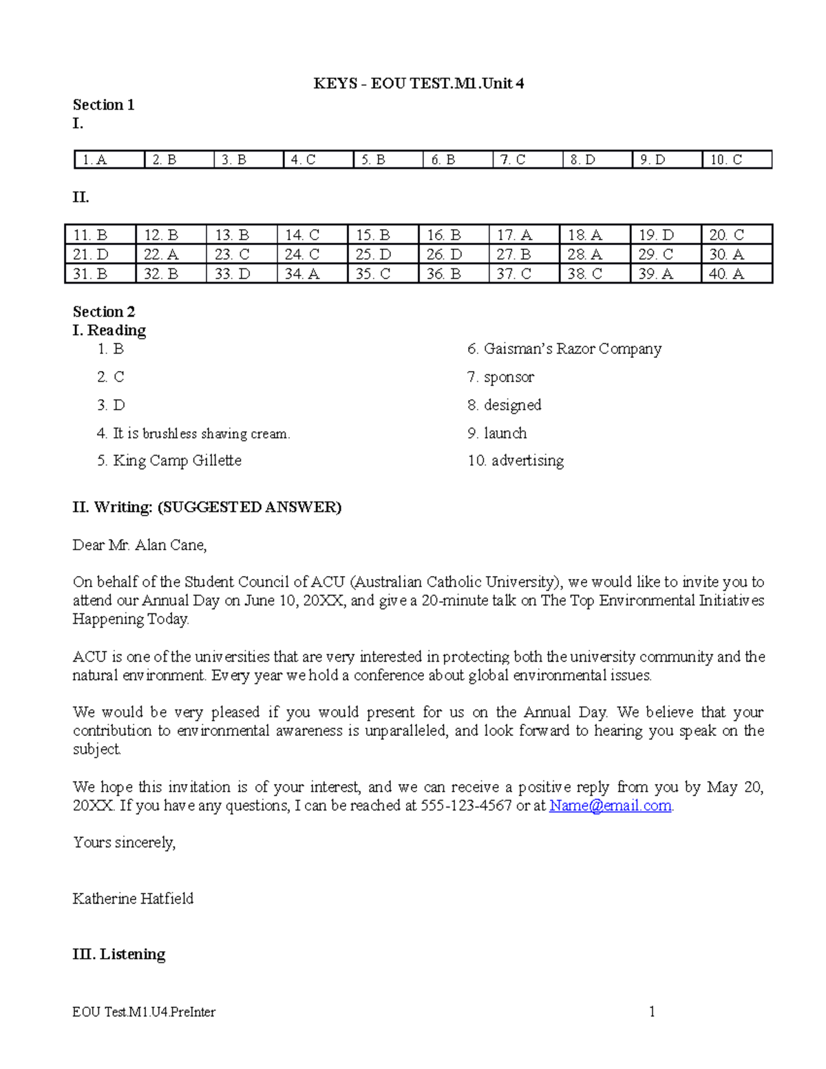 KEYS.EUO Test 4 - key unit 4 hp1 - KEYS - EOU TEST.M1 4 Section 1 I. A ...