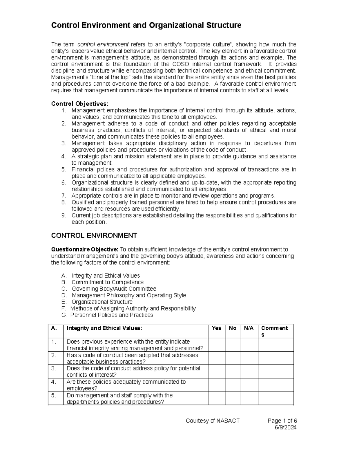 Control Environment - FOR GOOD GOVERNANCE SUBJECT - The term control ...