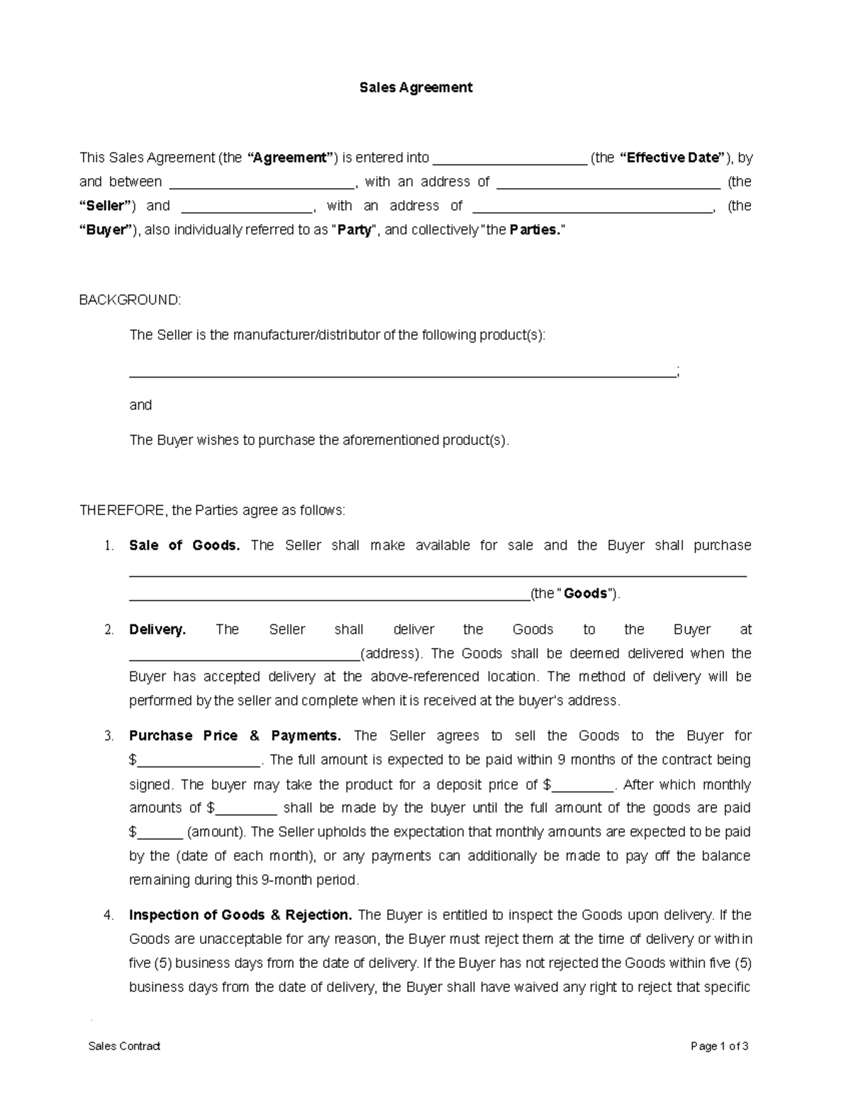 Sales contract template - Sales Agreement This Sales Agreement (the ...