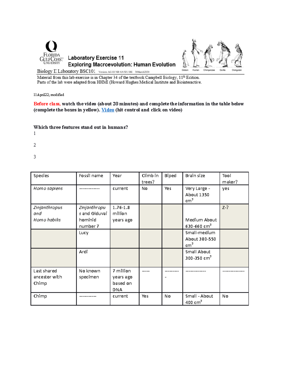 Lab 11 Human Evolution 11April 2022 - 11April22; modified Before class ...