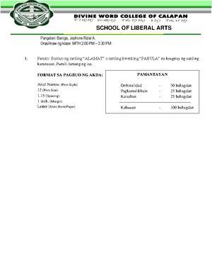 Pagsusuri - Tula - Baroga - SCHOOL OF LIBERAL ARTS PANGALAN: Baroga ...