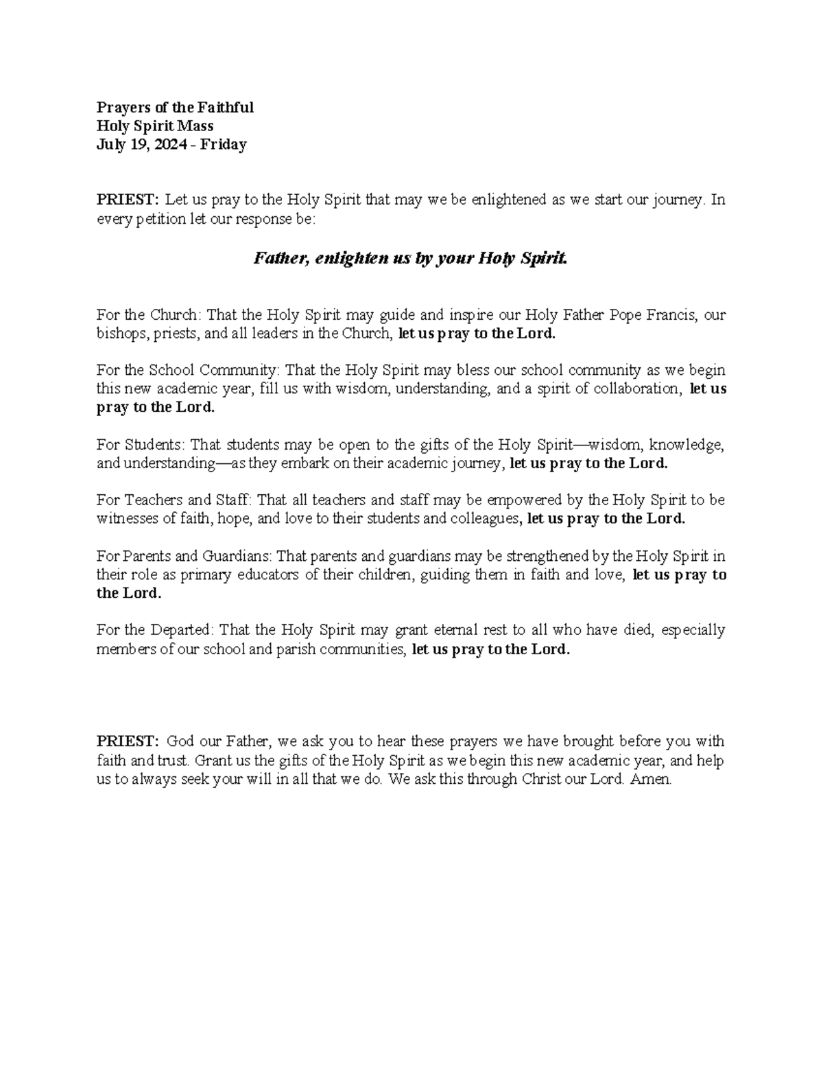 Prayers of the Faithful - In every petition let our response be: Father ...