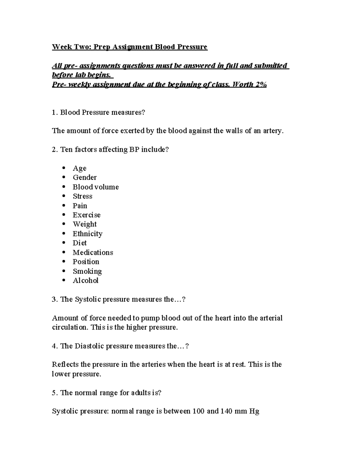 Blood pressure - week 2 preassignment - Week Two: Prep Assignment Blood ...