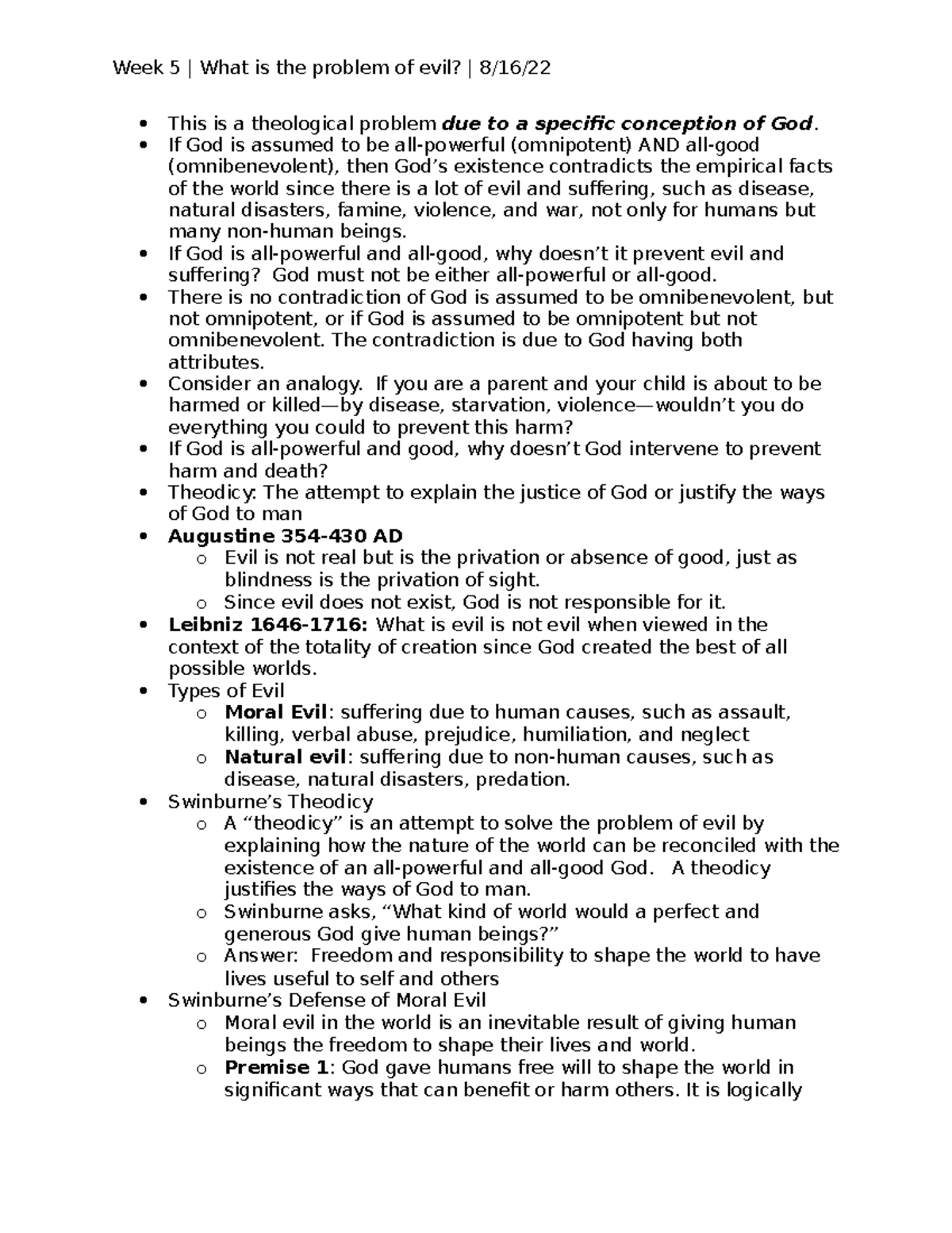 The Problem of Evil notes - This is a theological problem due to a ...