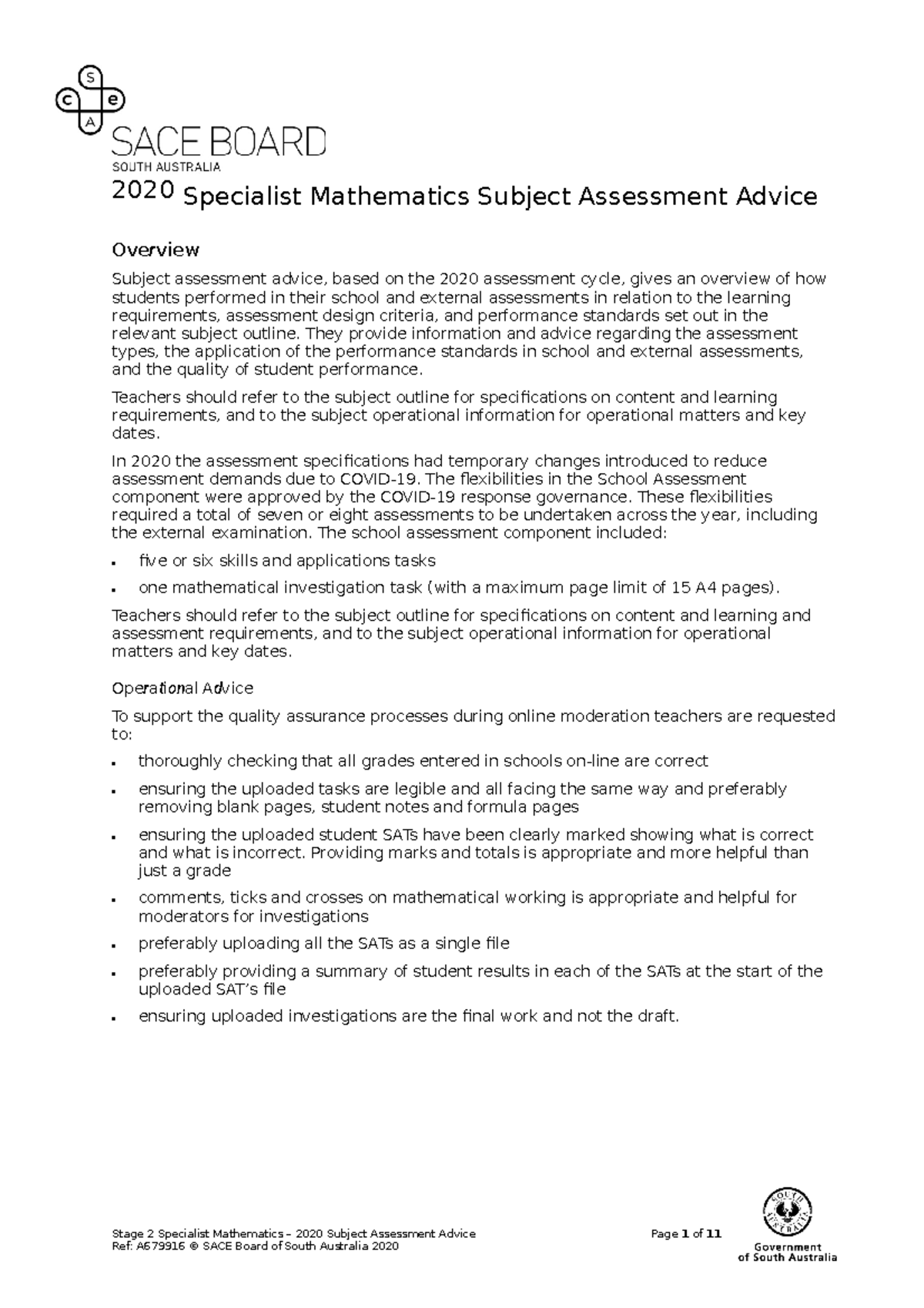 2020 Specialist Mathematics Subject Assessment Advice - They provide ...