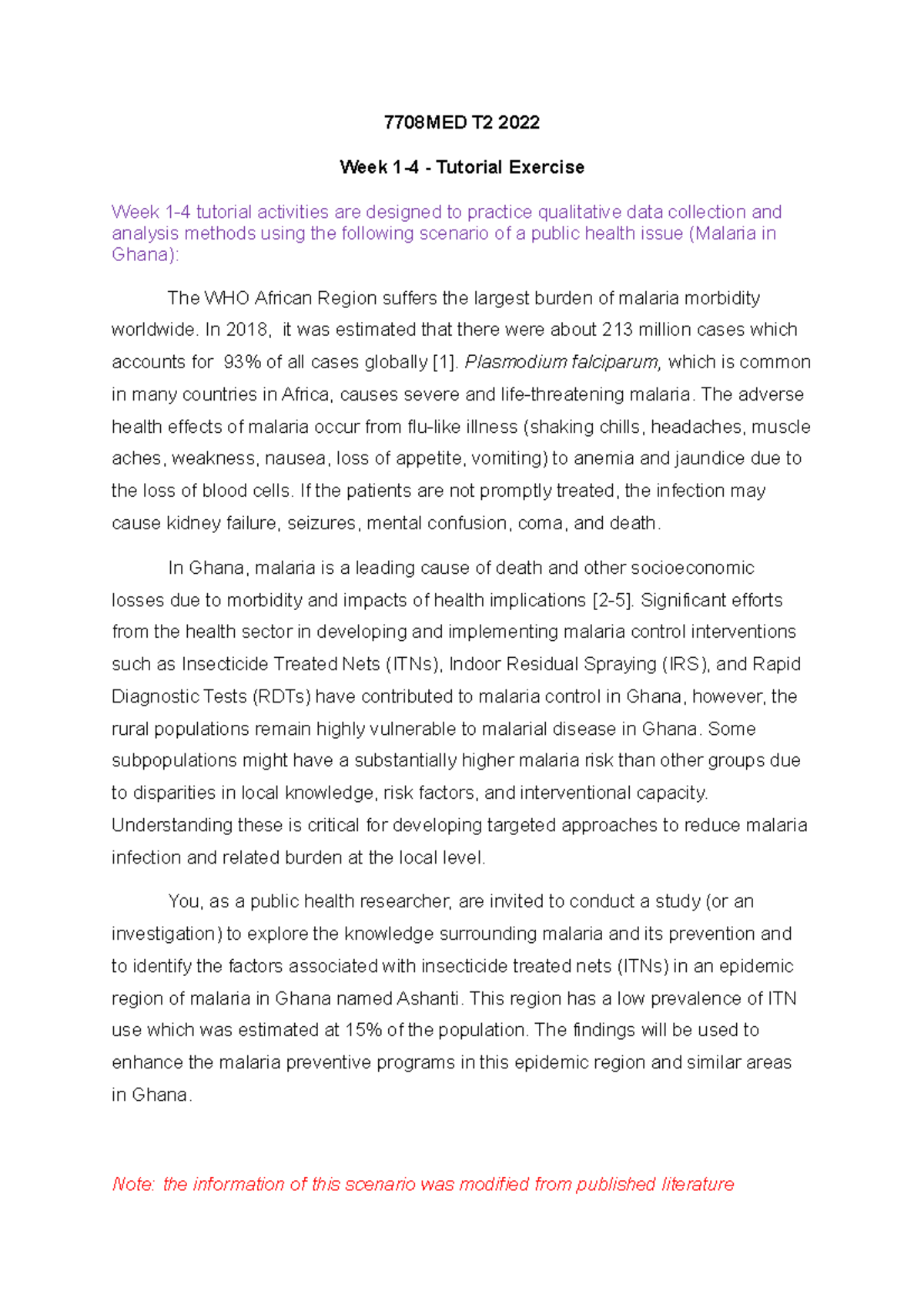 Week 1 Revised Tutorial Scenario - Malaria in Ghana T2-2022 - 7708MED ...